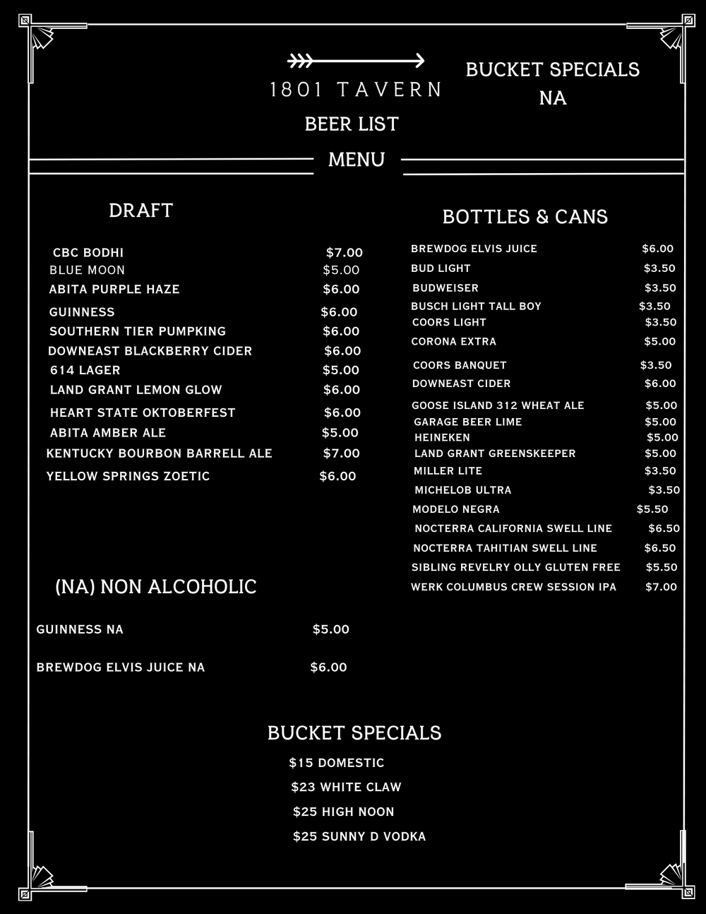 Menu — 1801 Tavern