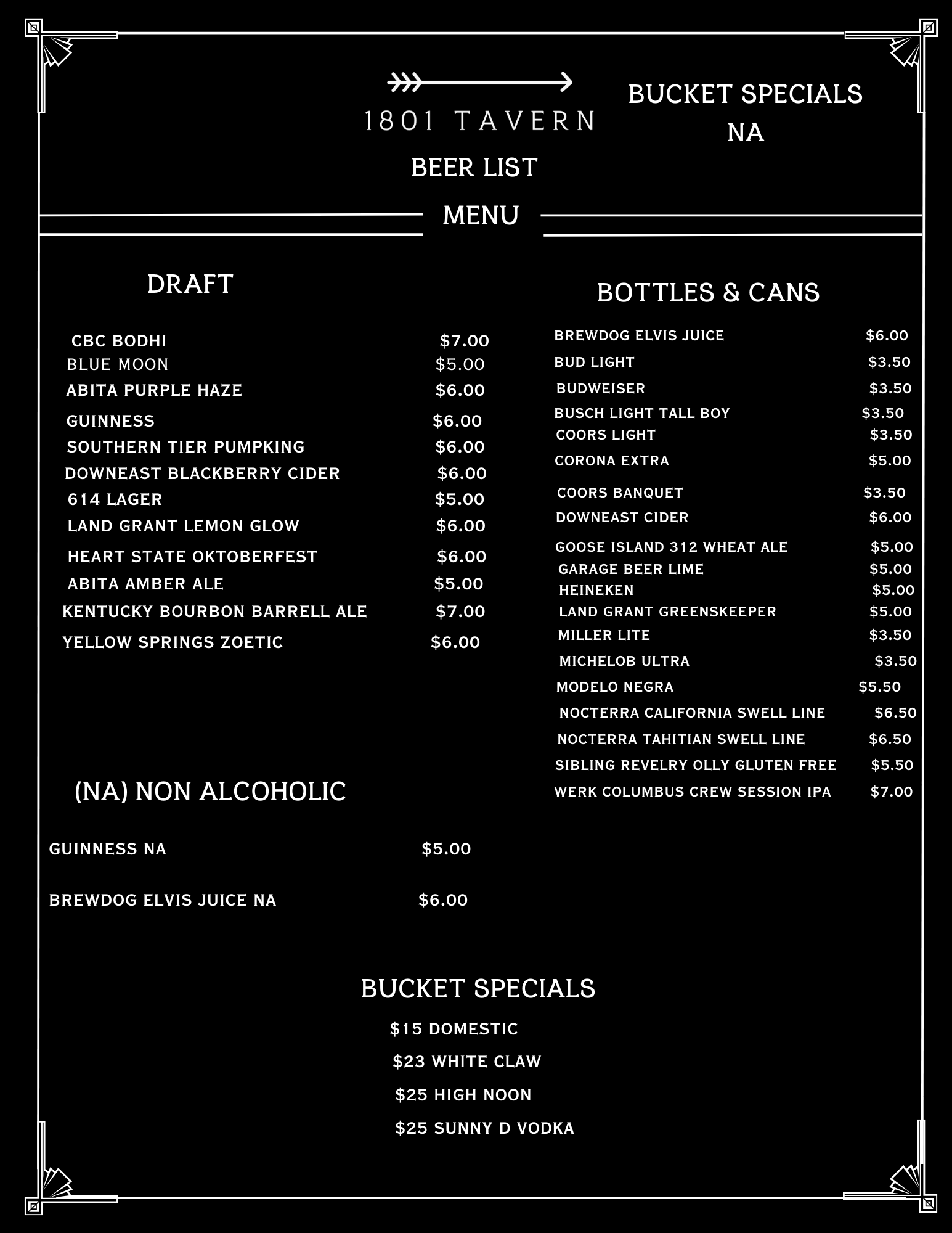 Menu — 1801 Tavern