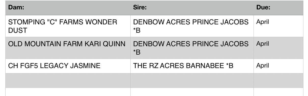 Breeding Schedule — Stomping C Farms