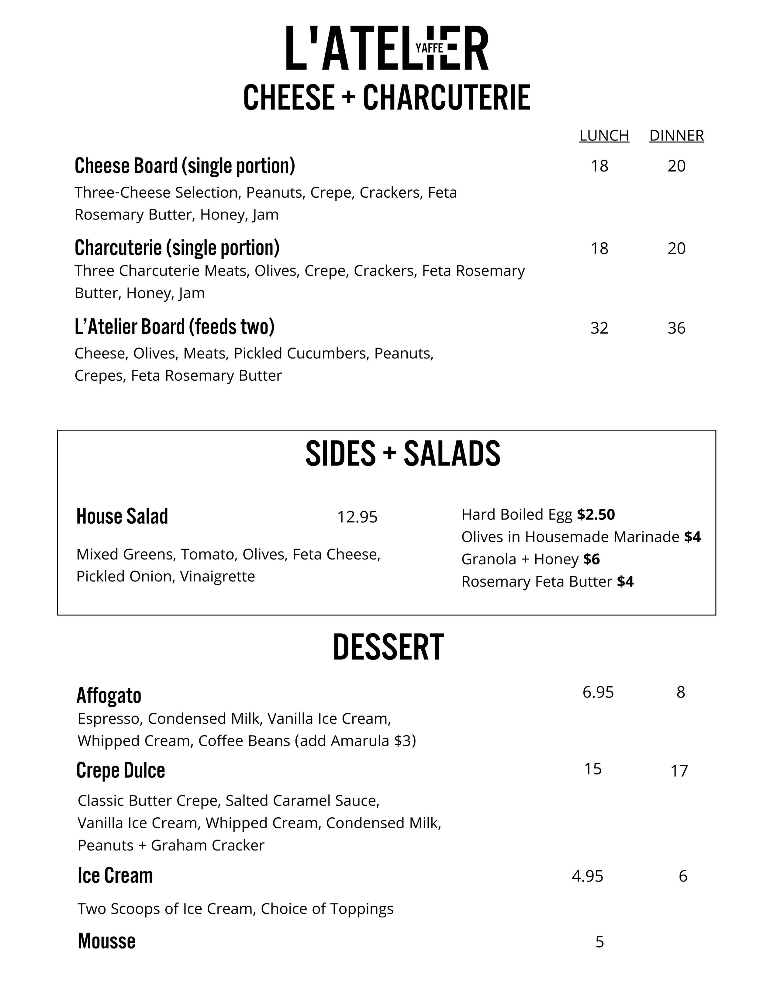 Café Yaffe Menus — L'ATELIER YAFFE