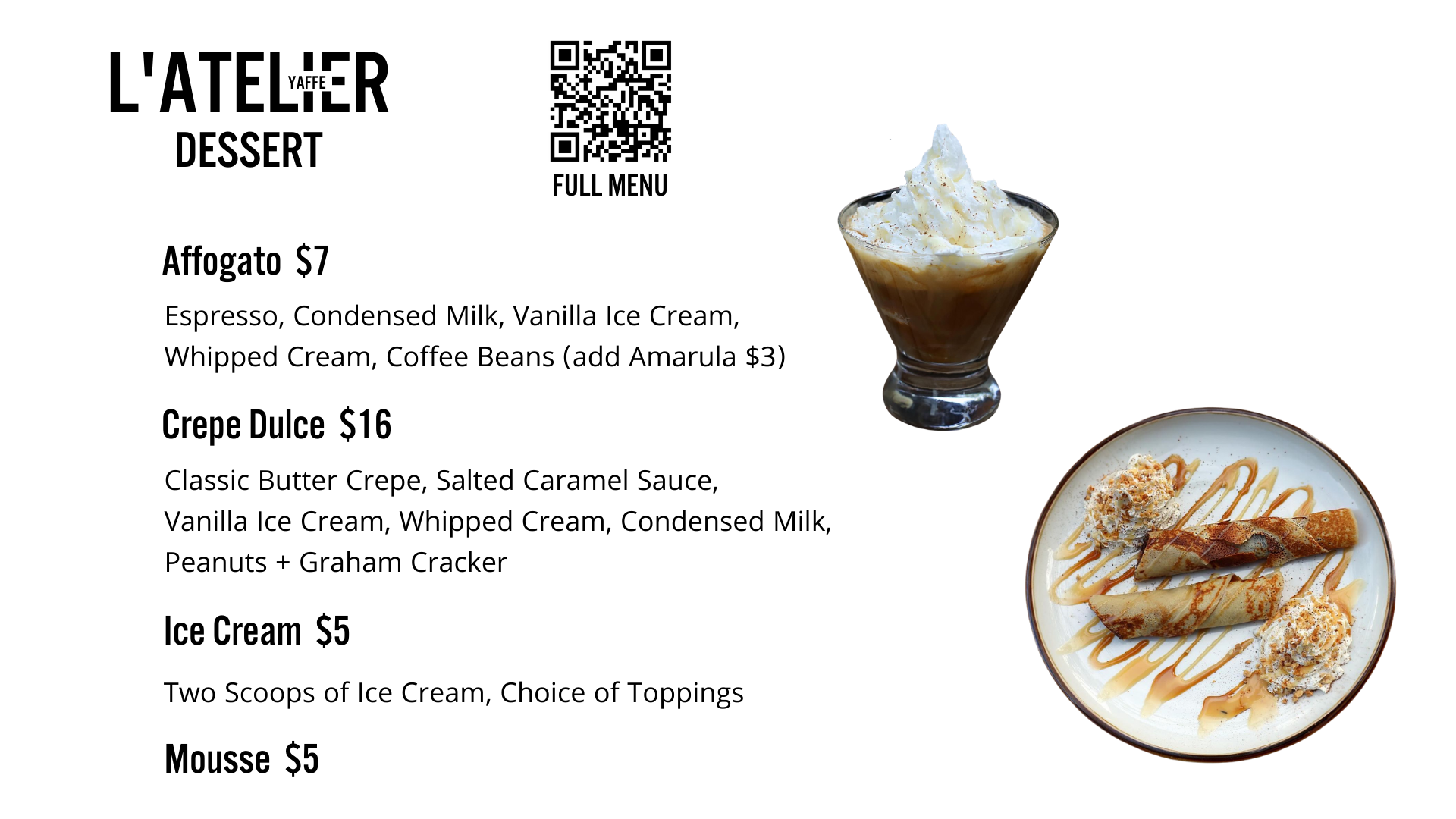 Café Yaffe Menus — L'ATELIER YAFFE