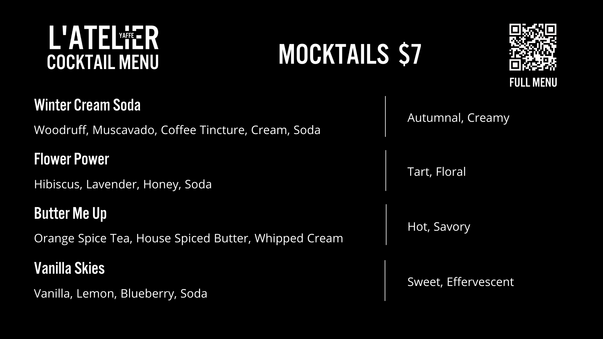 Café Yaffe Menus — L'ATELIER YAFFE