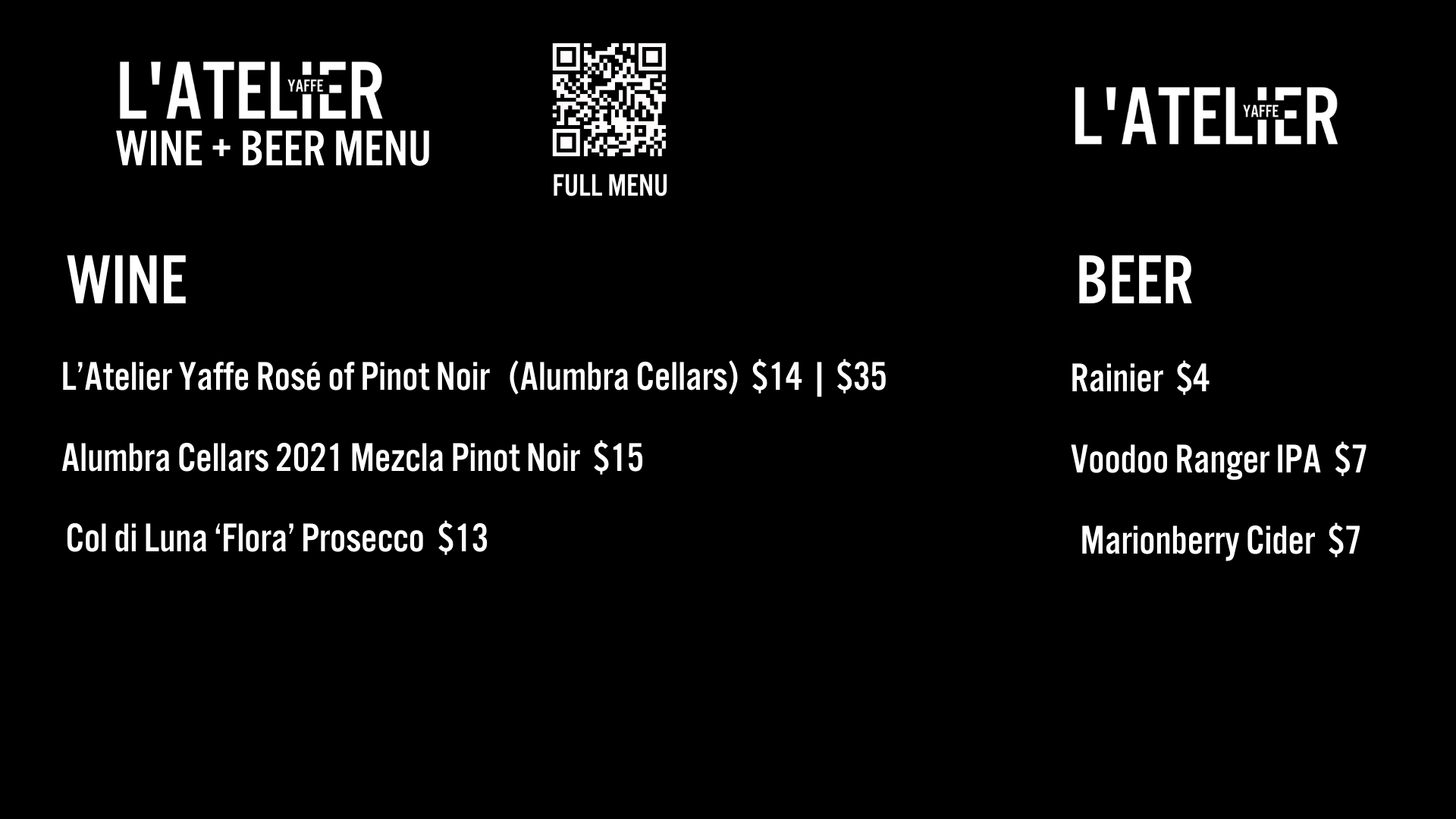 Café Yaffe Menus — L'ATELIER YAFFE