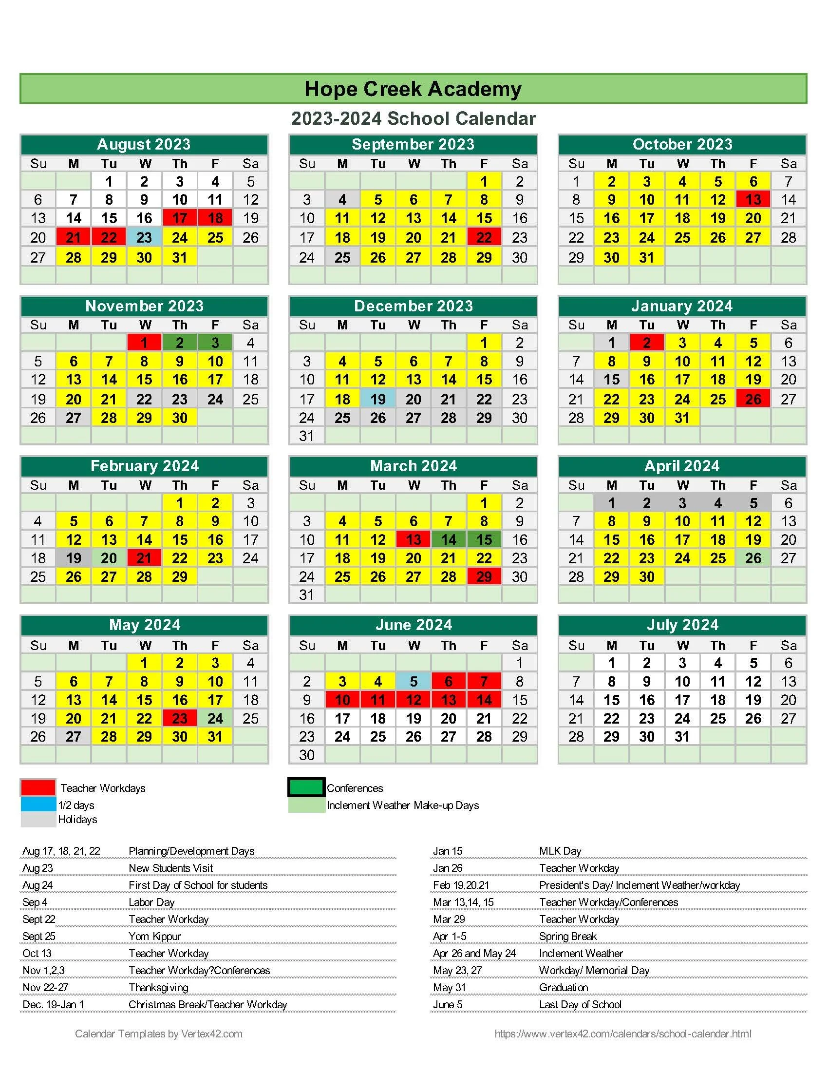Annual School Calendar — Hope Creek Academy