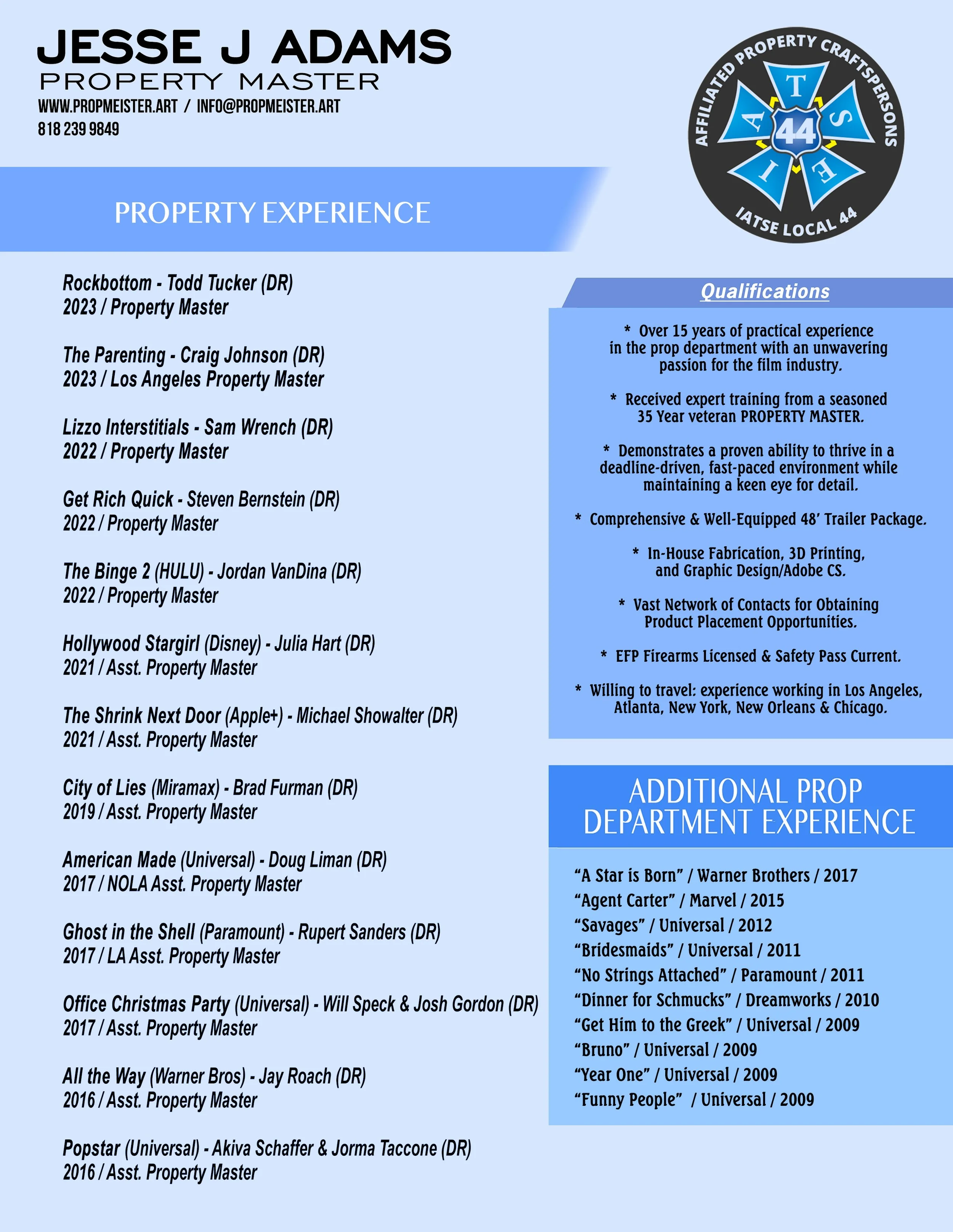 Resume — Jesse J. Adams - IATSE Property Master