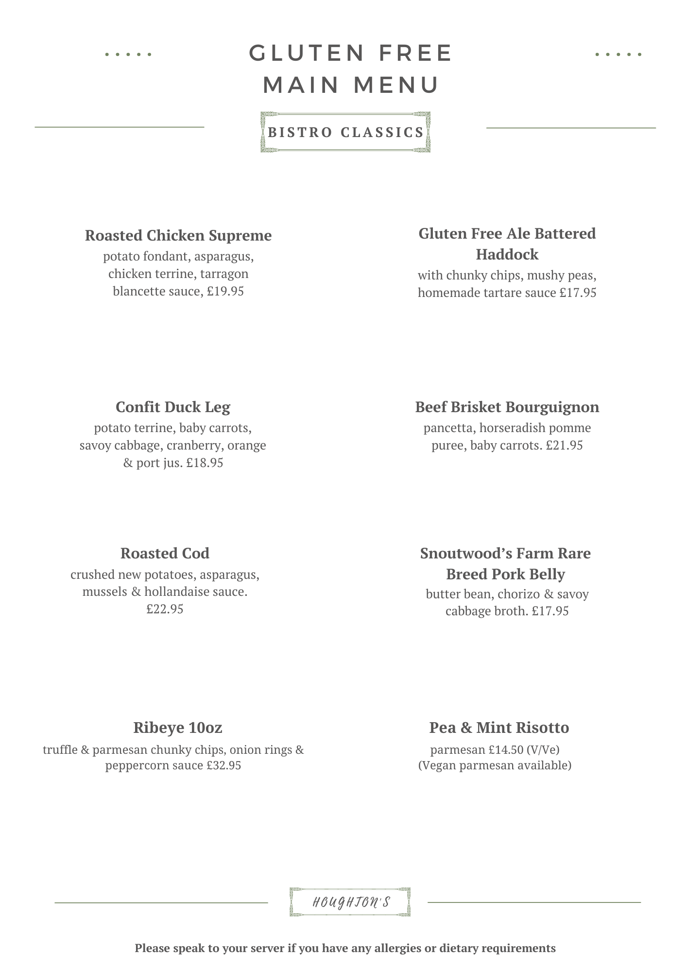 Gluten Free Menus — Houghton's Bistro