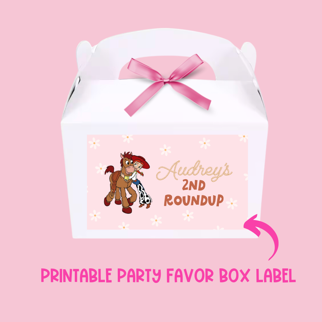 Jessie and Bullseye Party Favor Gift Box Label — a party that pops