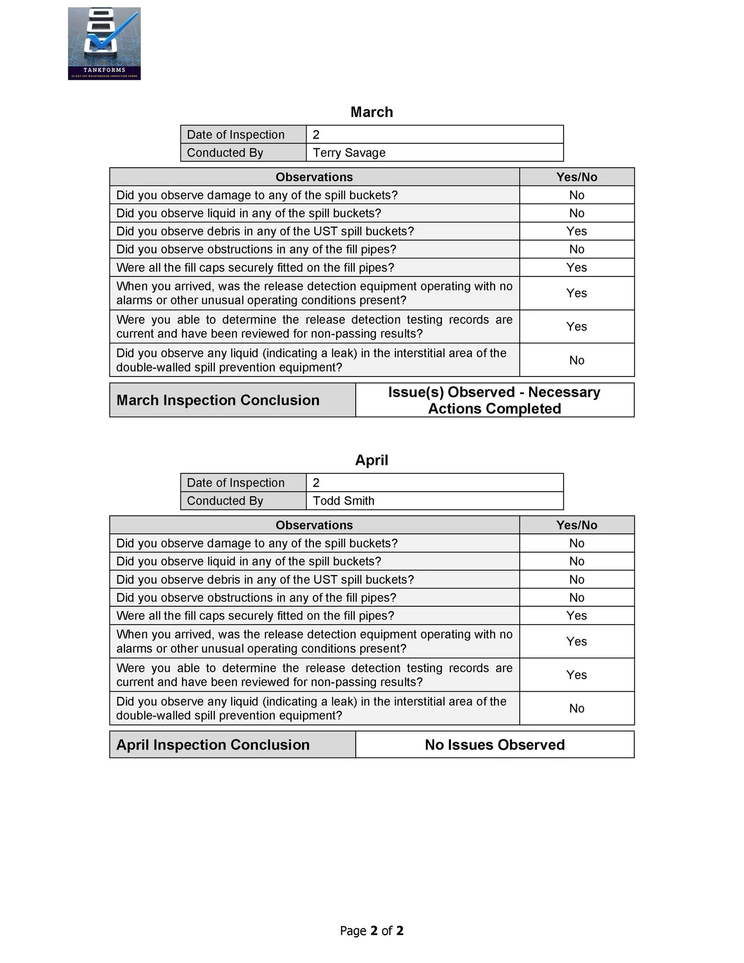 30-Day UST Walkthrough Inspection Forms