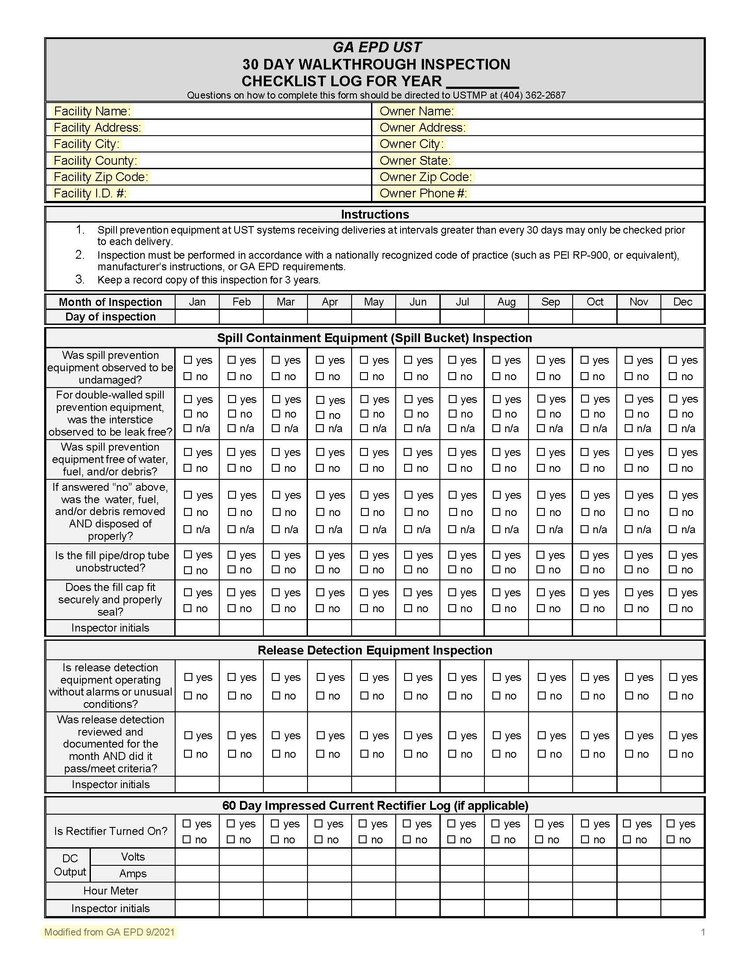 30-Day UST Walkthrough Inspection Forms