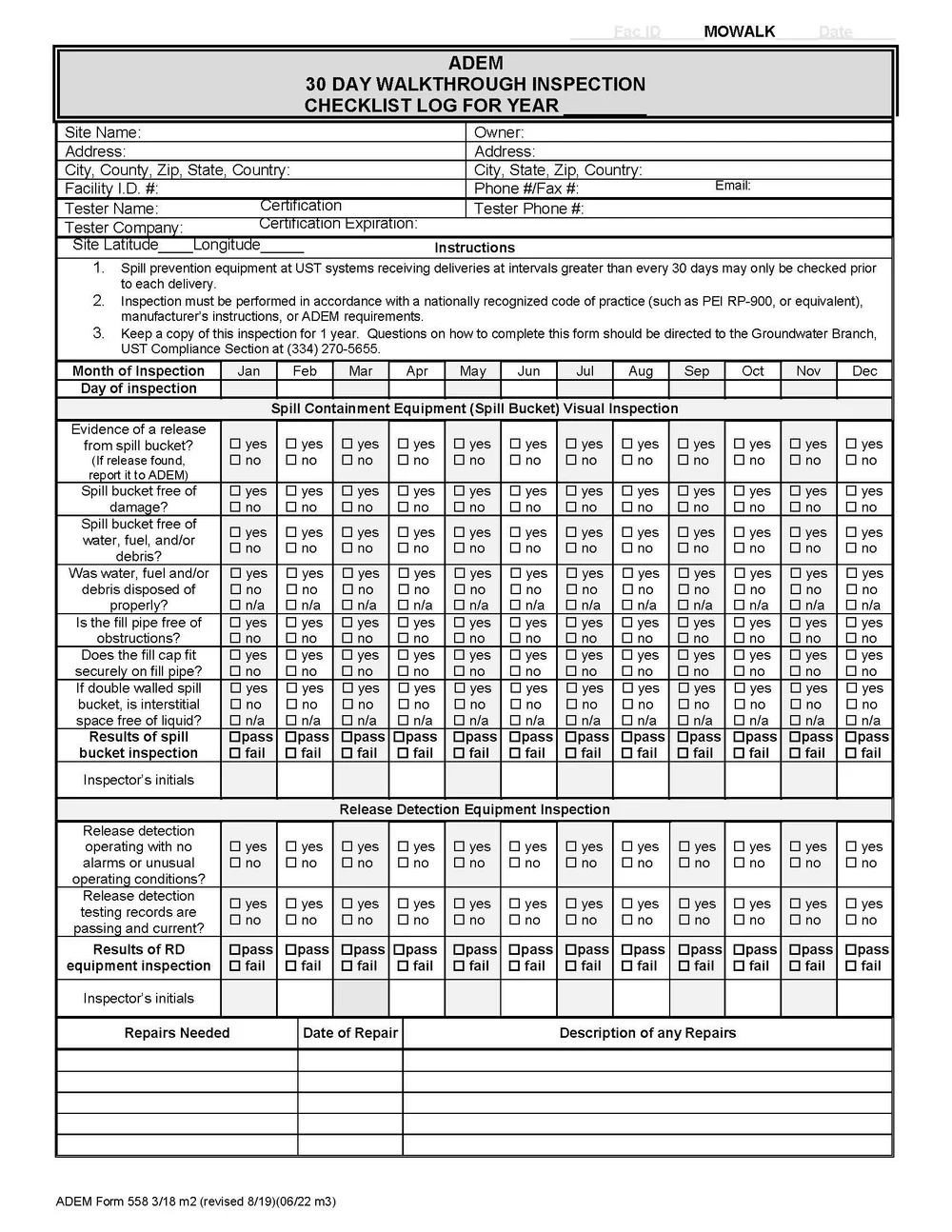 30-Day UST Walkthrough Inspection Forms
