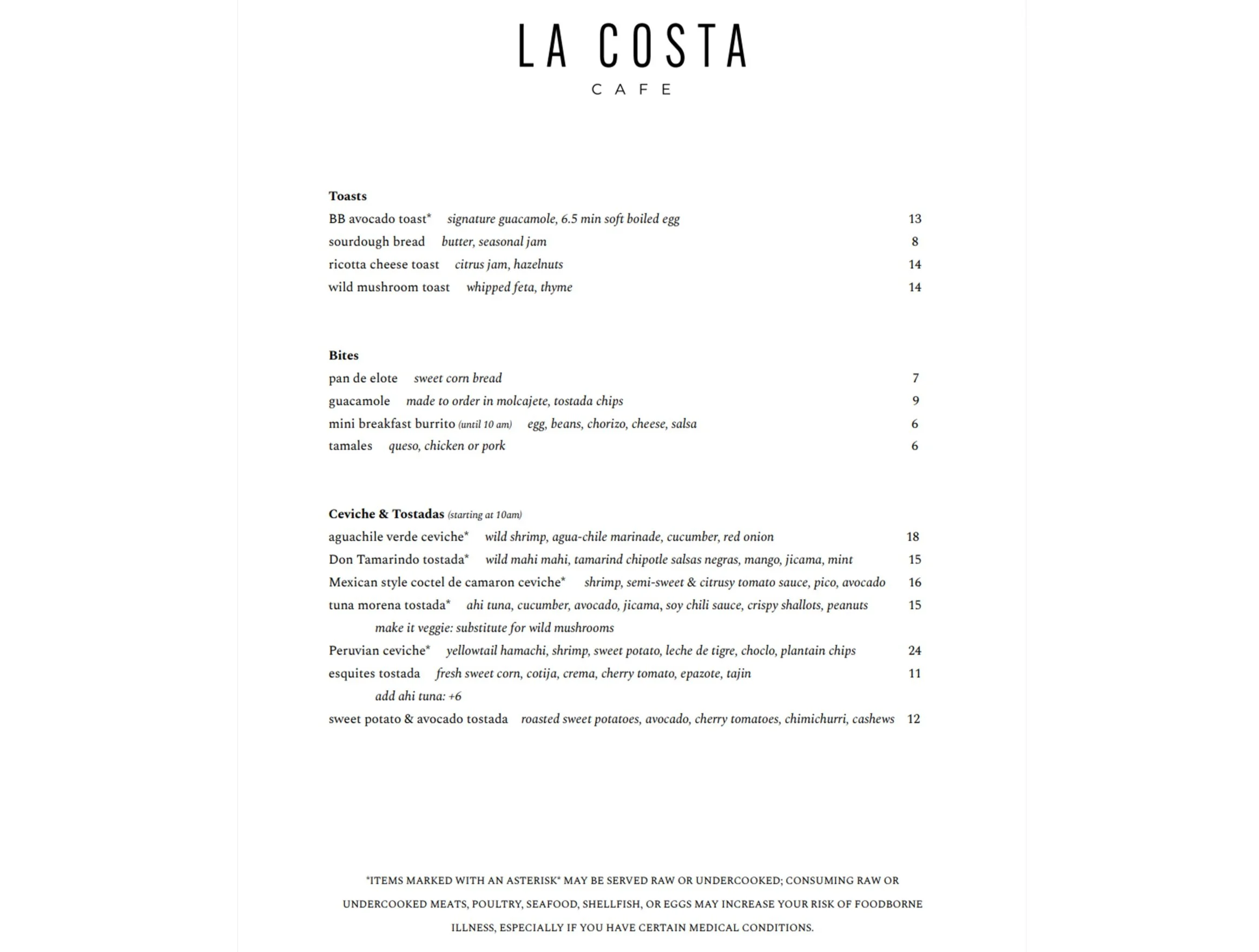 sample menu — La Costa Cafe