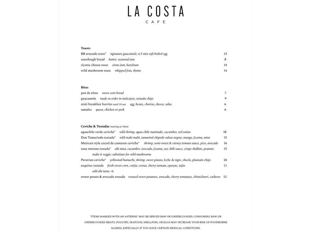 sample menu — La Costa Cafe