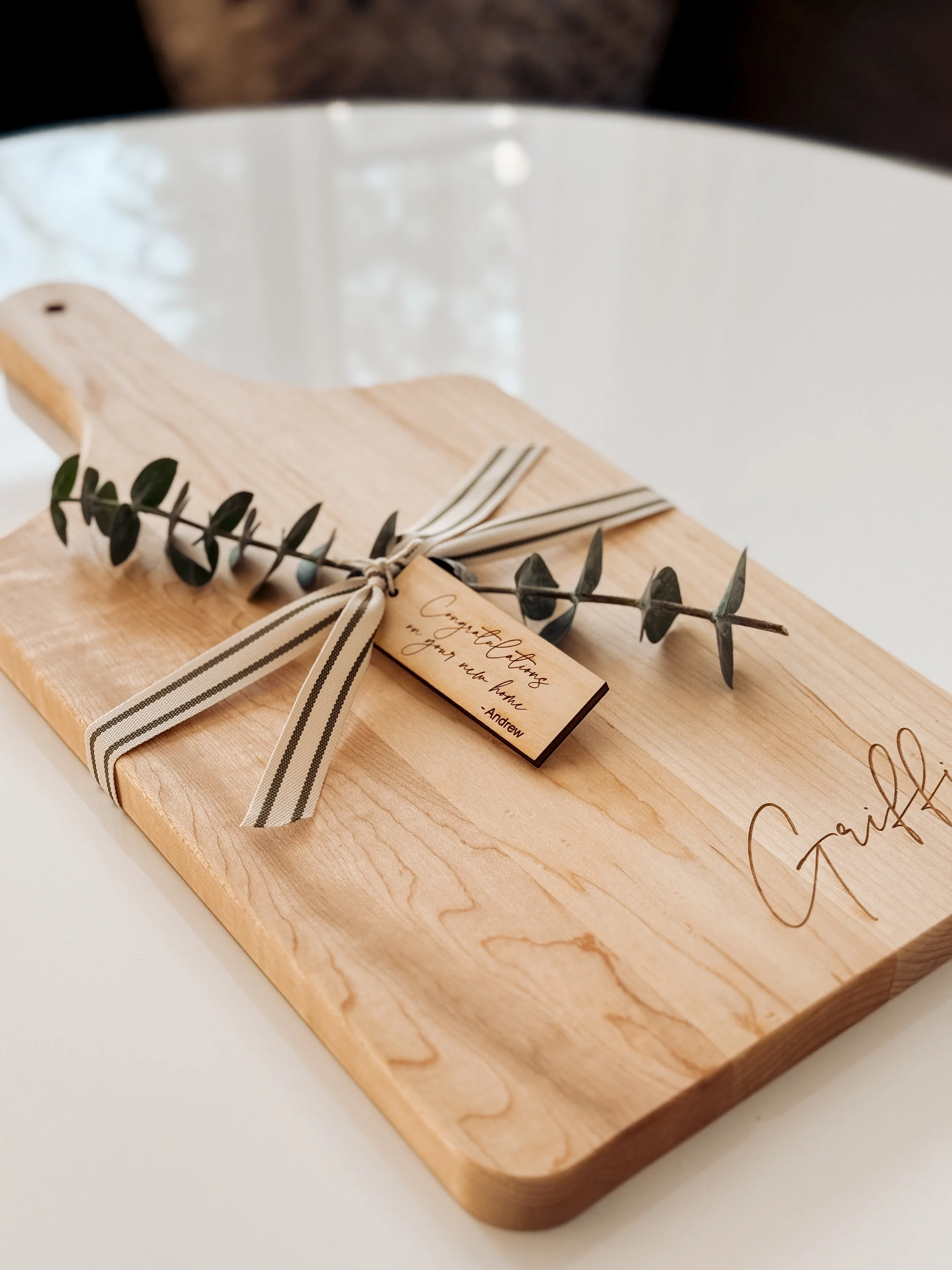 Personalized cutting board with ribbon, fresh eucalyptus and custom ...