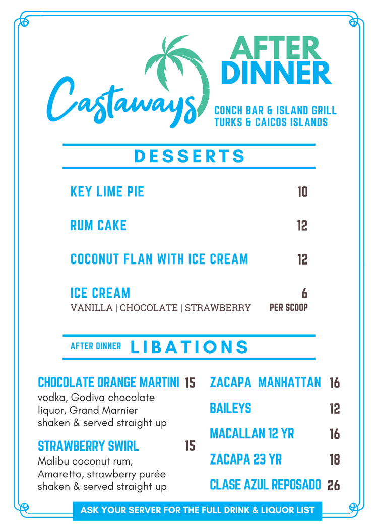 Dessert Menu — Castaways Conch Bar & Island Grill