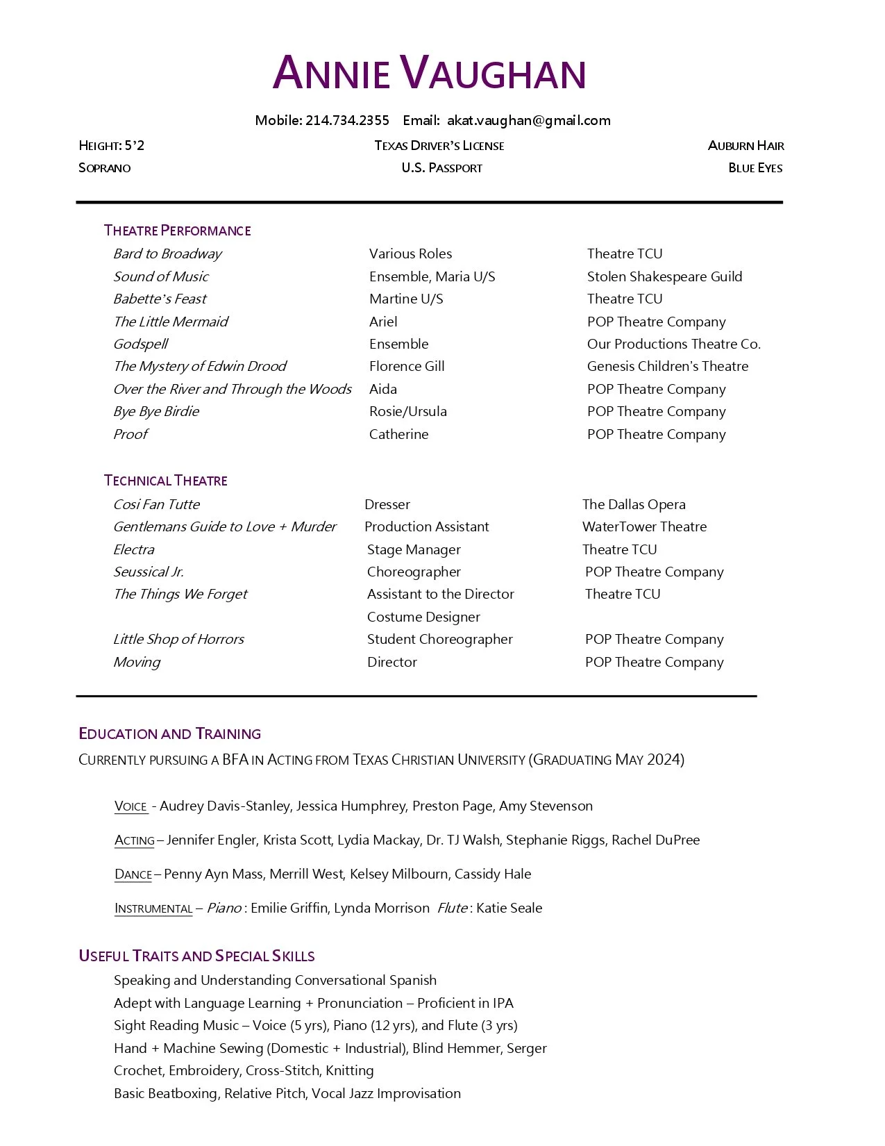 Headshot & Resume — annie vaughan