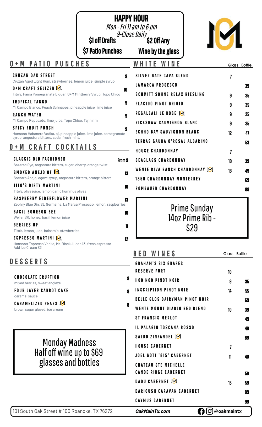 Menu — Oak and Main