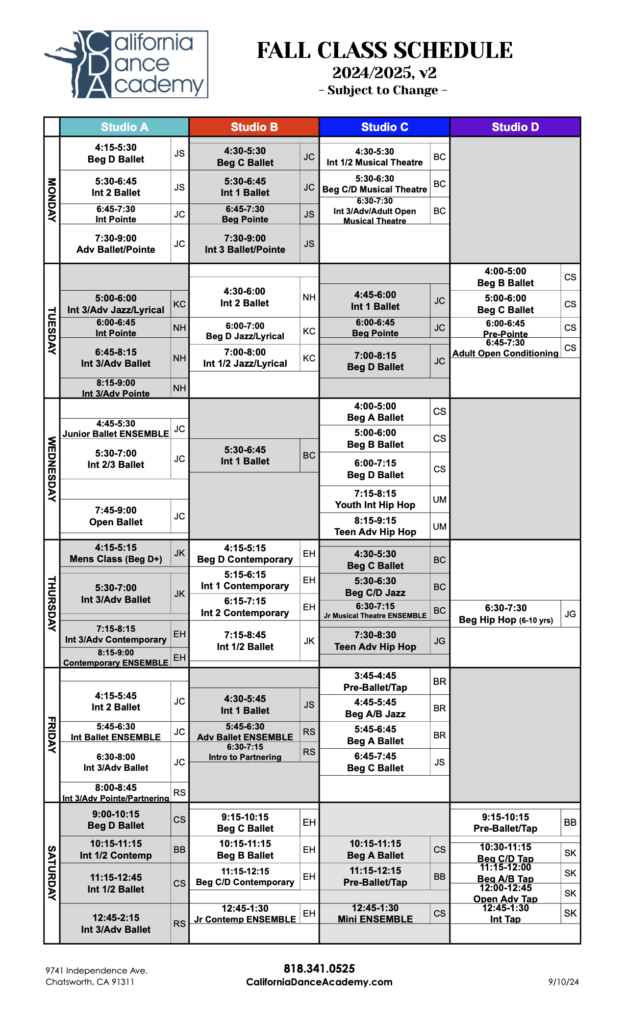 Class Schedule — California Dance Academy