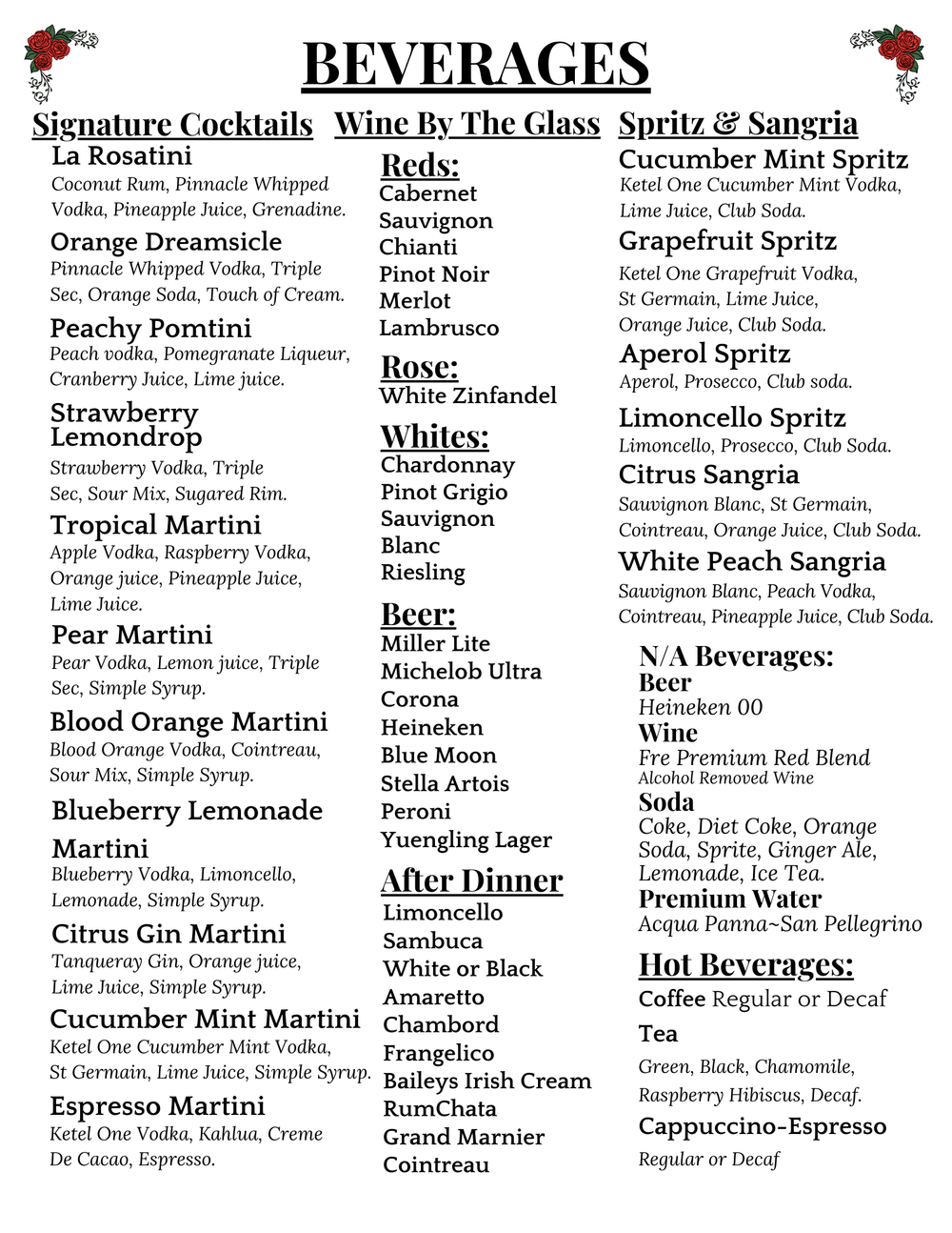 Menu's — La Rosa Ristorante