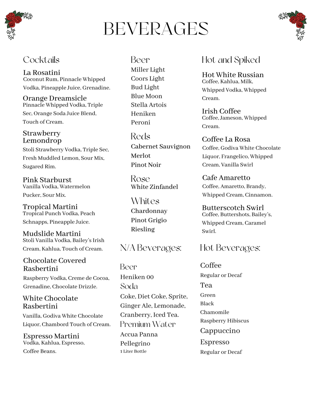 Menu's — La Rosa Ristorante