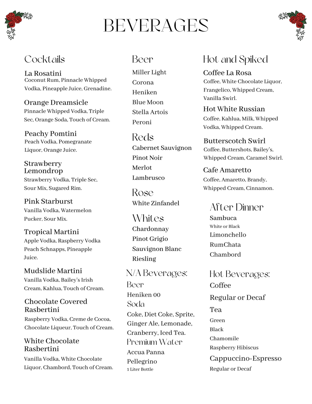Menu's — La Rosa Ristorante