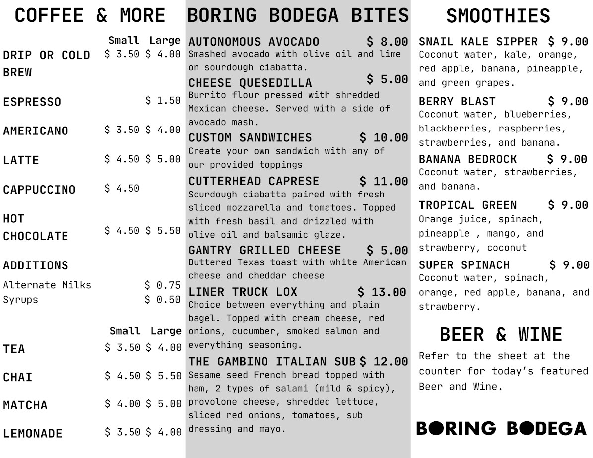 Boring Bodega Menu — Hyperloop Plaza
