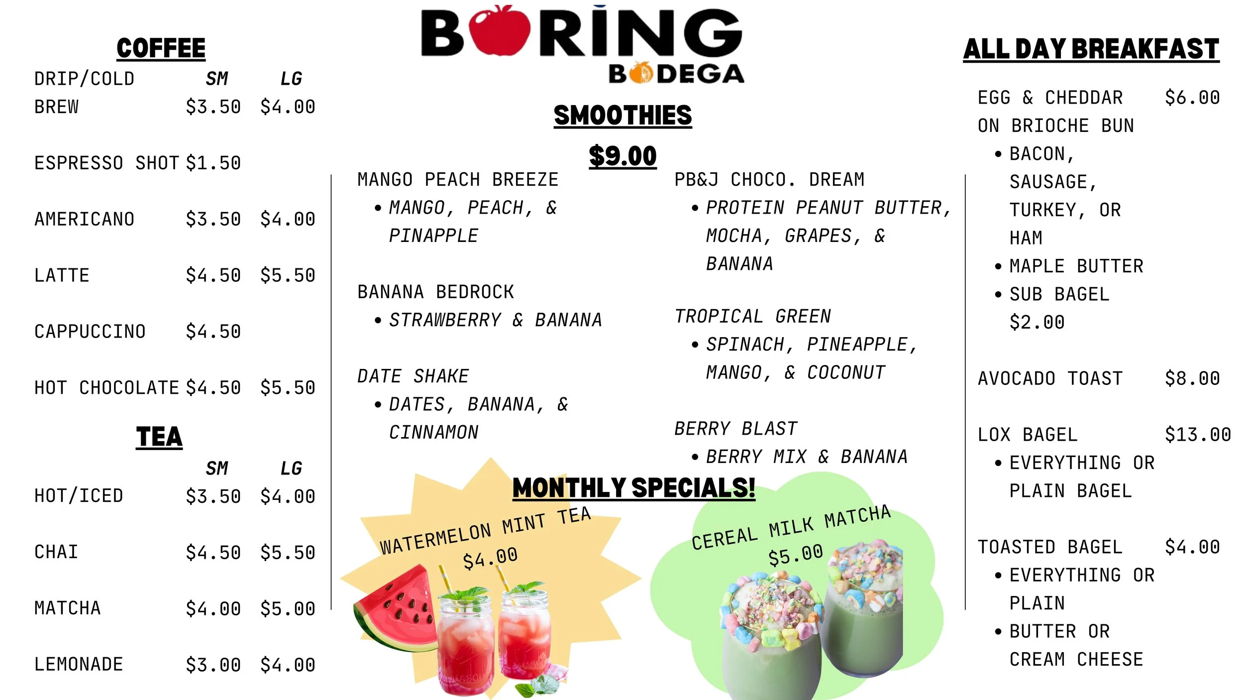 Boring Bodega Menu — Hyperloop Plaza