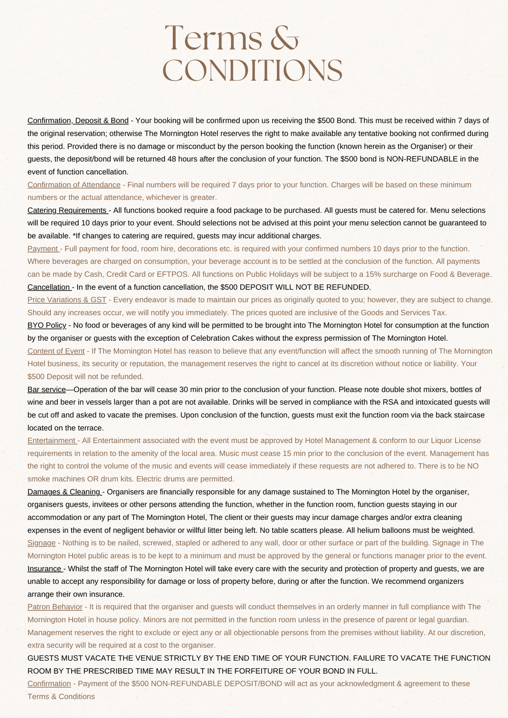 FUNCTIONS — MORNINGTON HOTEL