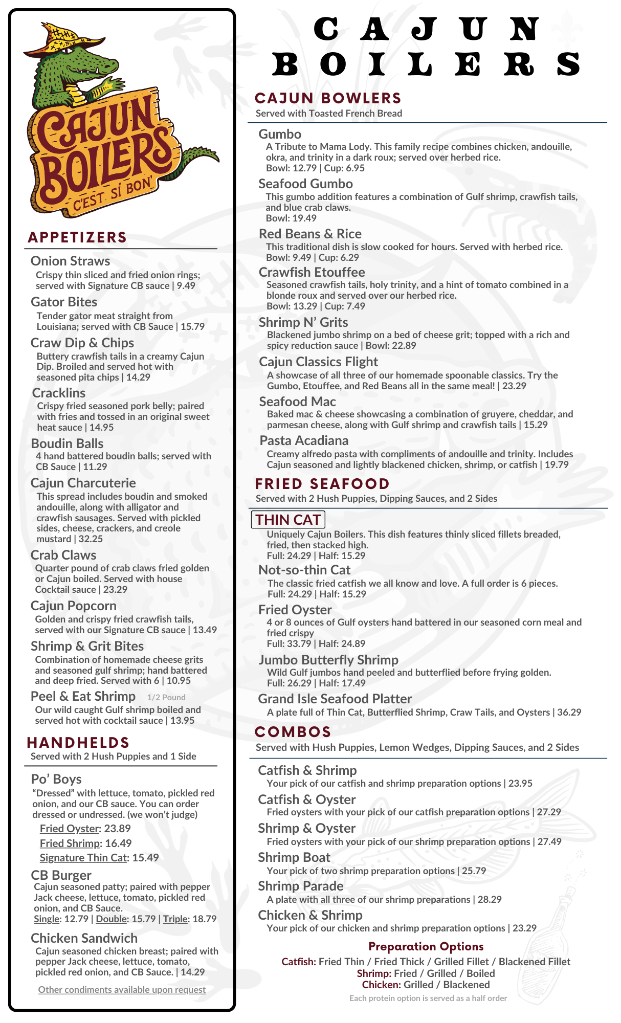 Menu — Cajun Boilers