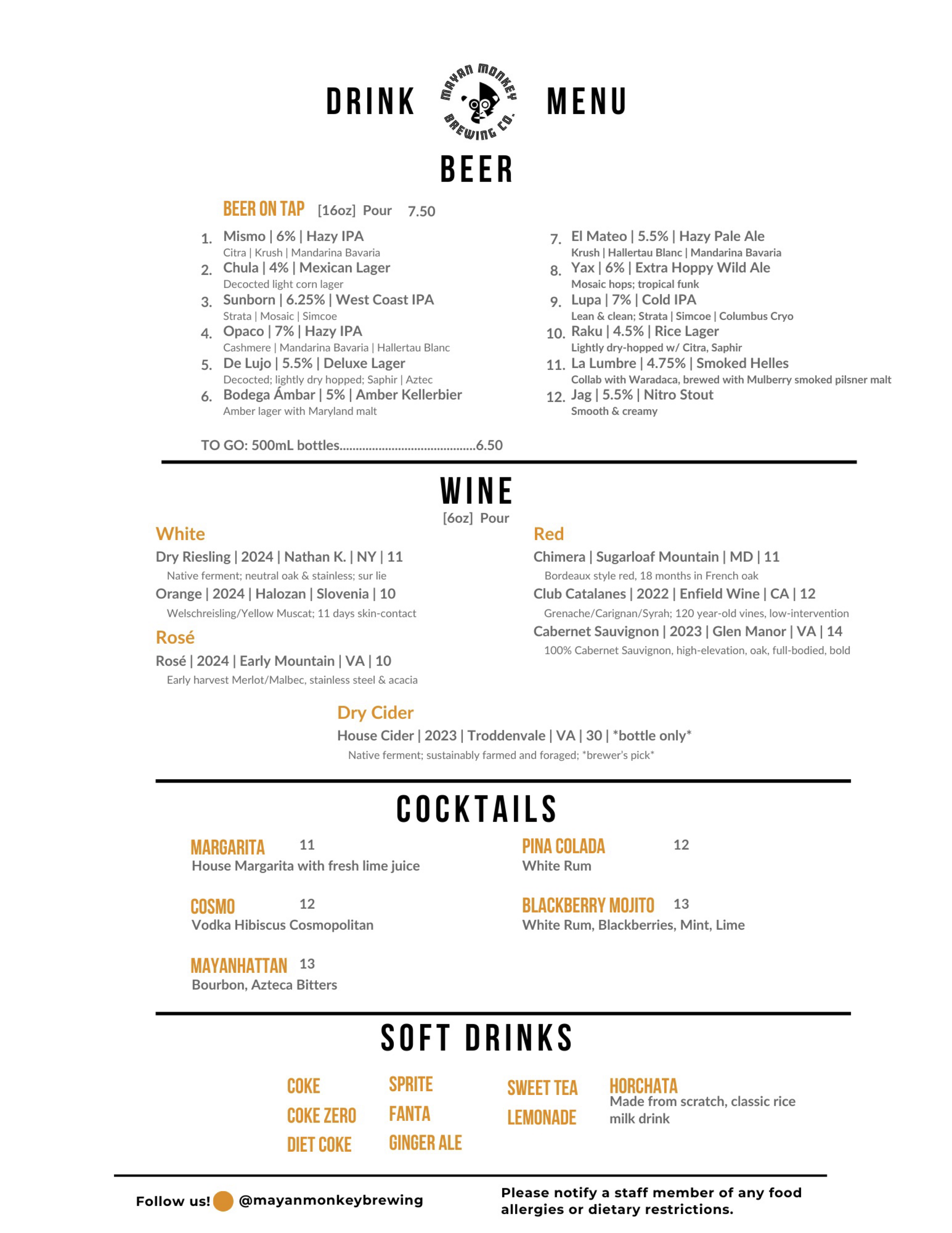 Menu — Mayan Monkey Brewing Co.