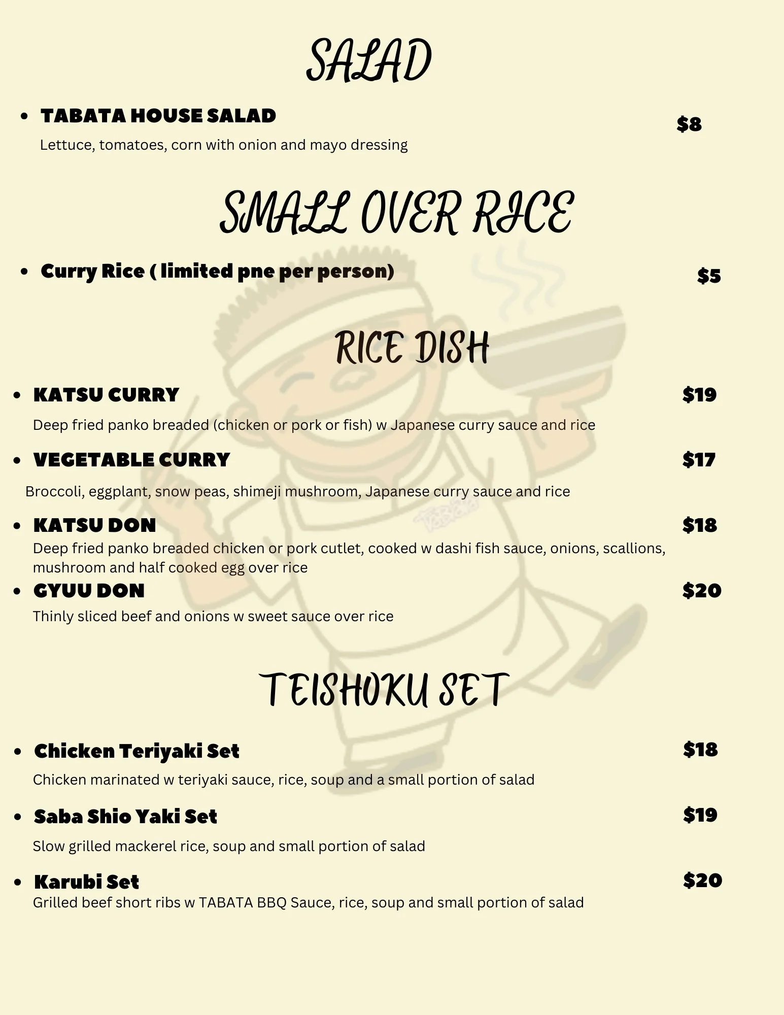 Menu (Active) — Tabata Japanese Restaurant (9th Avenue)