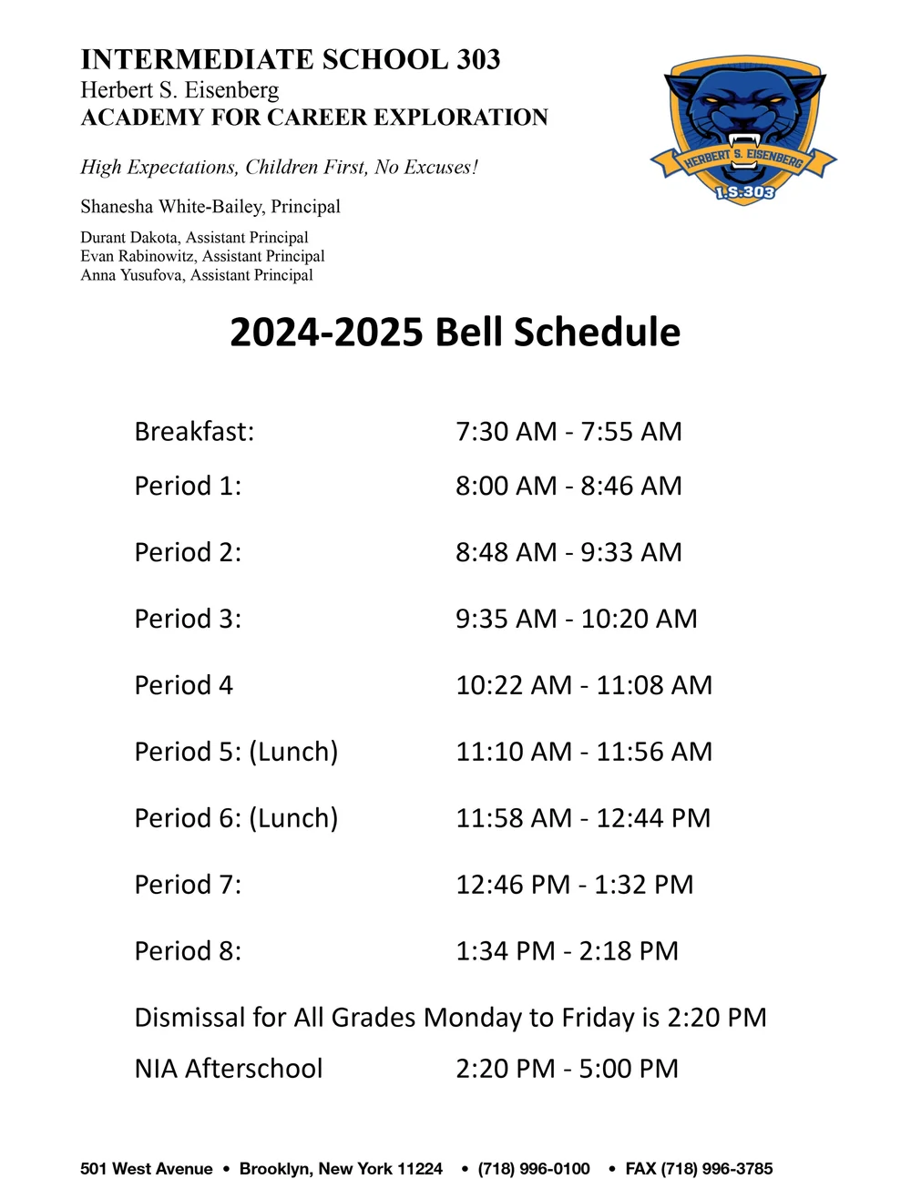 Bell Schedule — I.S. 303 Herbert S. Eisenberg