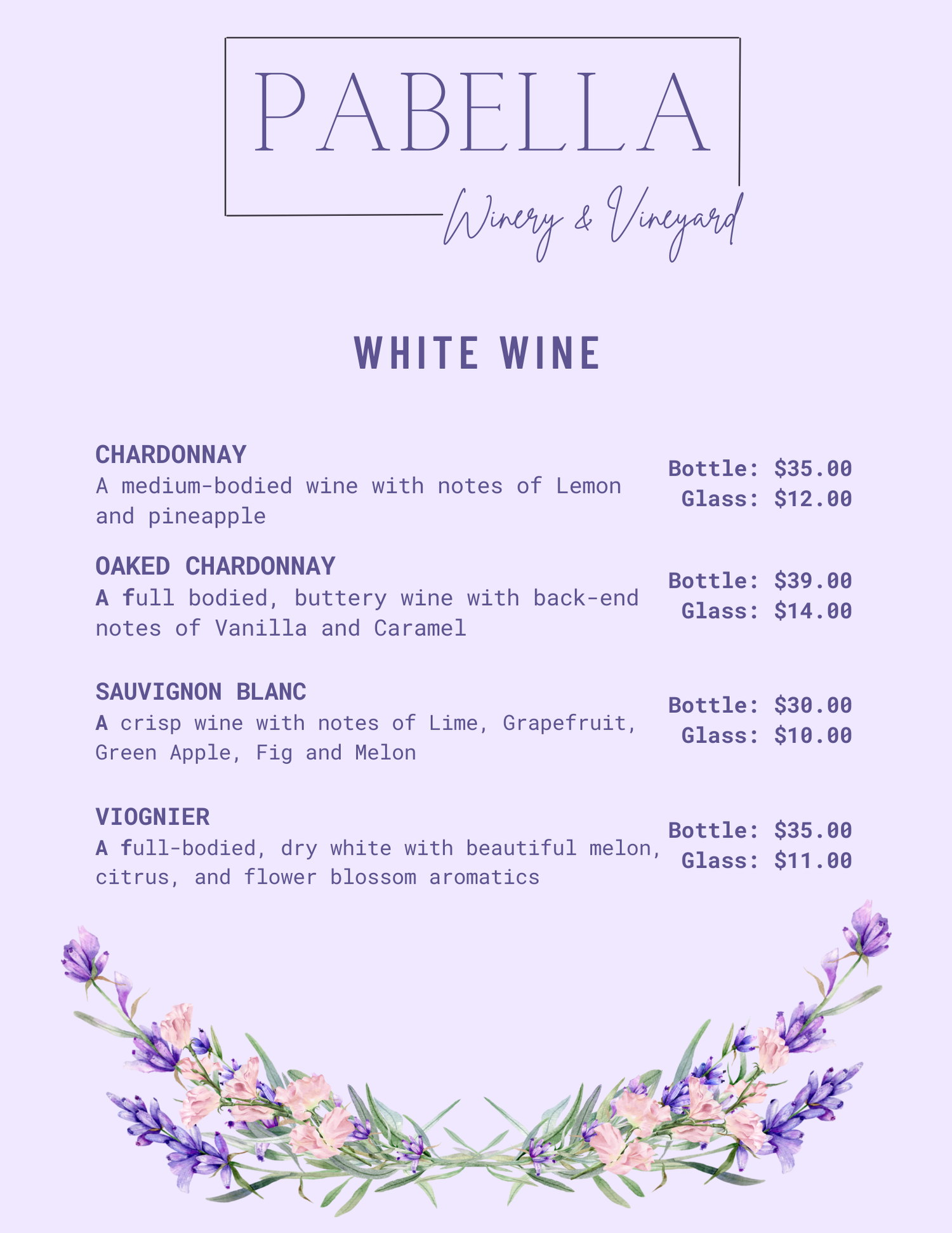 Our Menu — Pabella Winery & Vineyard