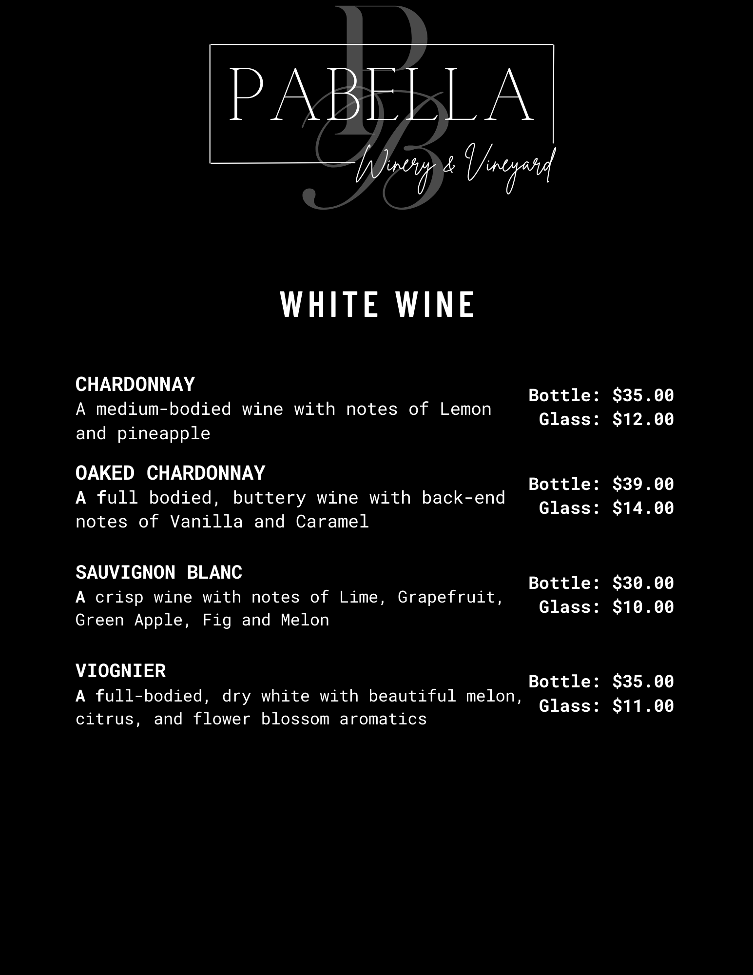 Our Menu — Pabella Winery & Vineyard