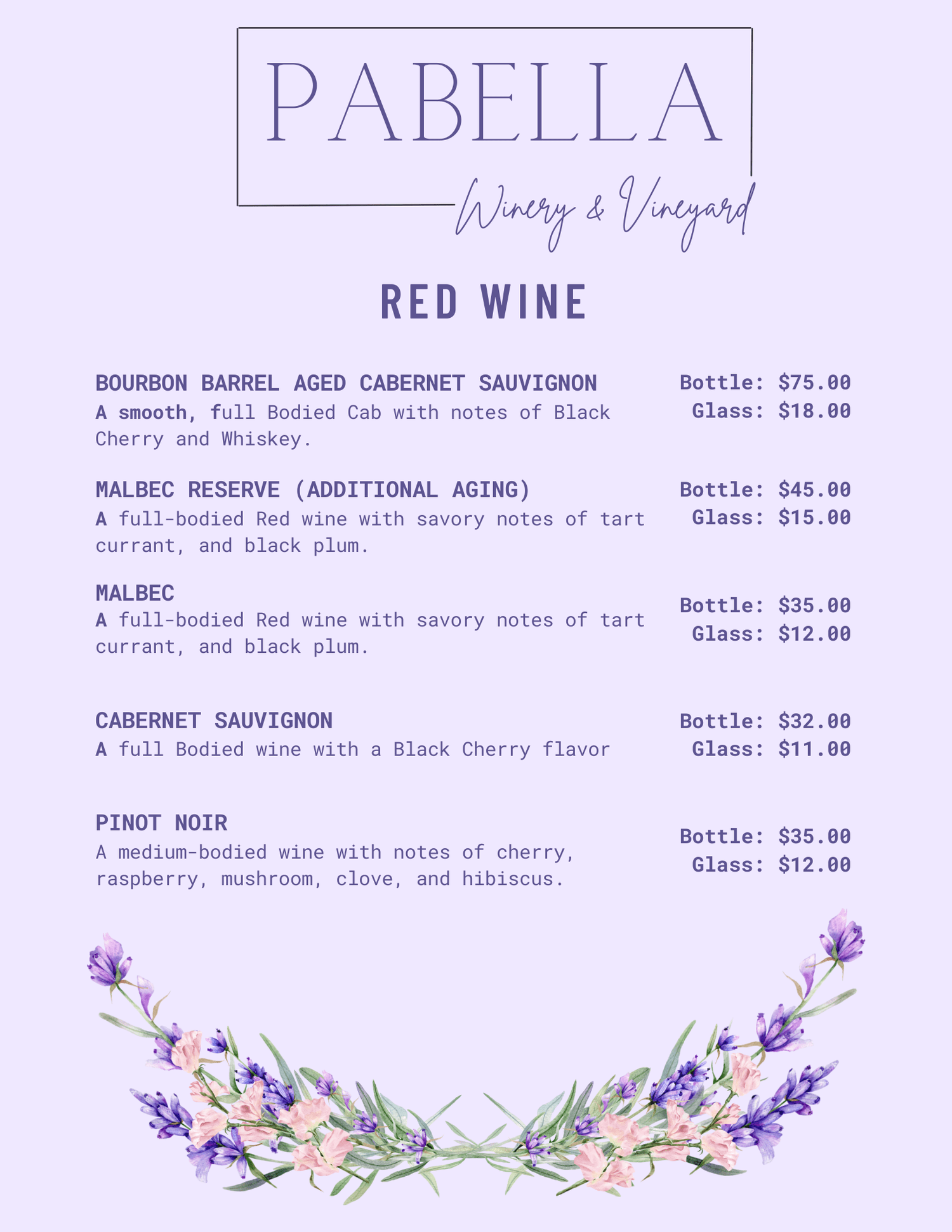 Our Menu — Pabella Winery & Vineyard