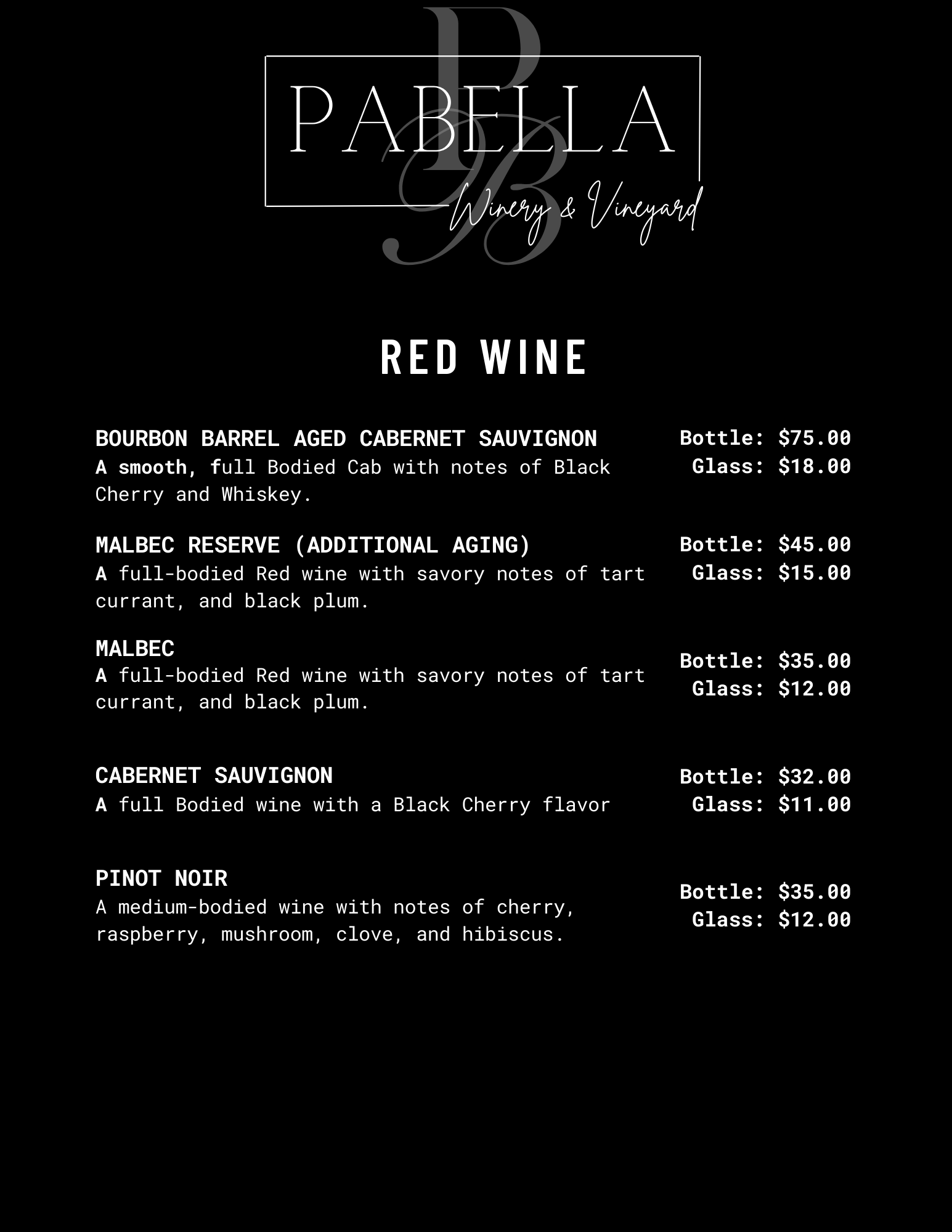 Our Menu — Pabella Winery & Vineyard