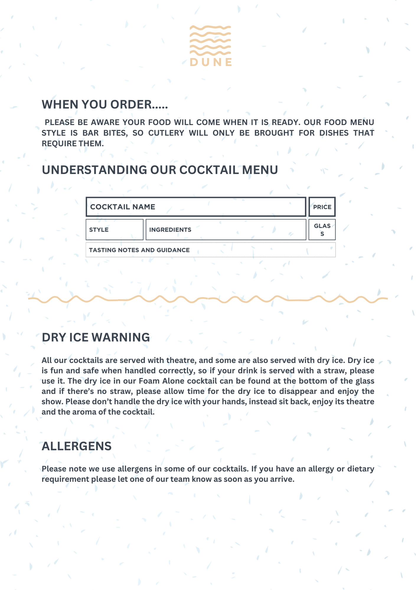 MENU — DUNE ST ANDREWS