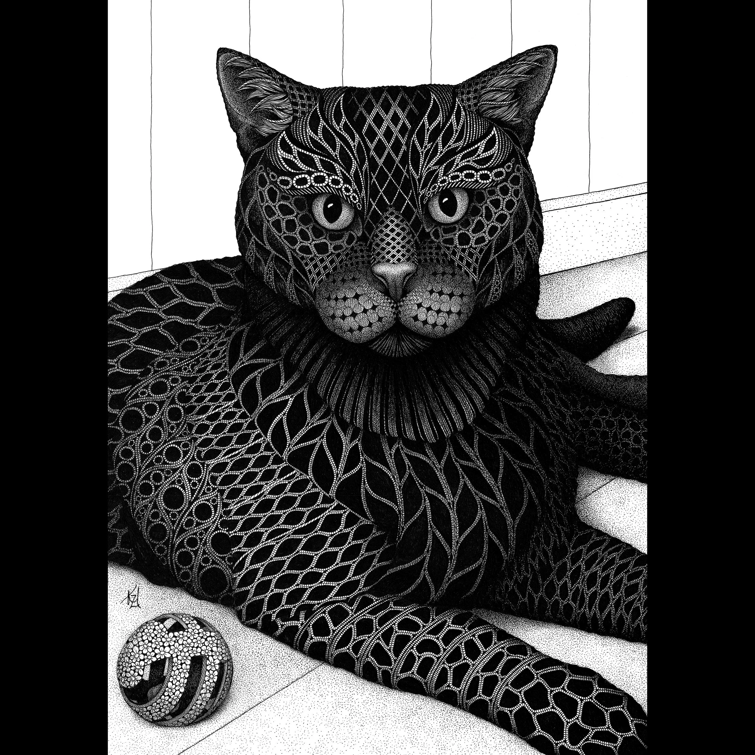 KRISTIN MOGER ART - Store- All work - Mesmerized Black Cat Ink Drawing
