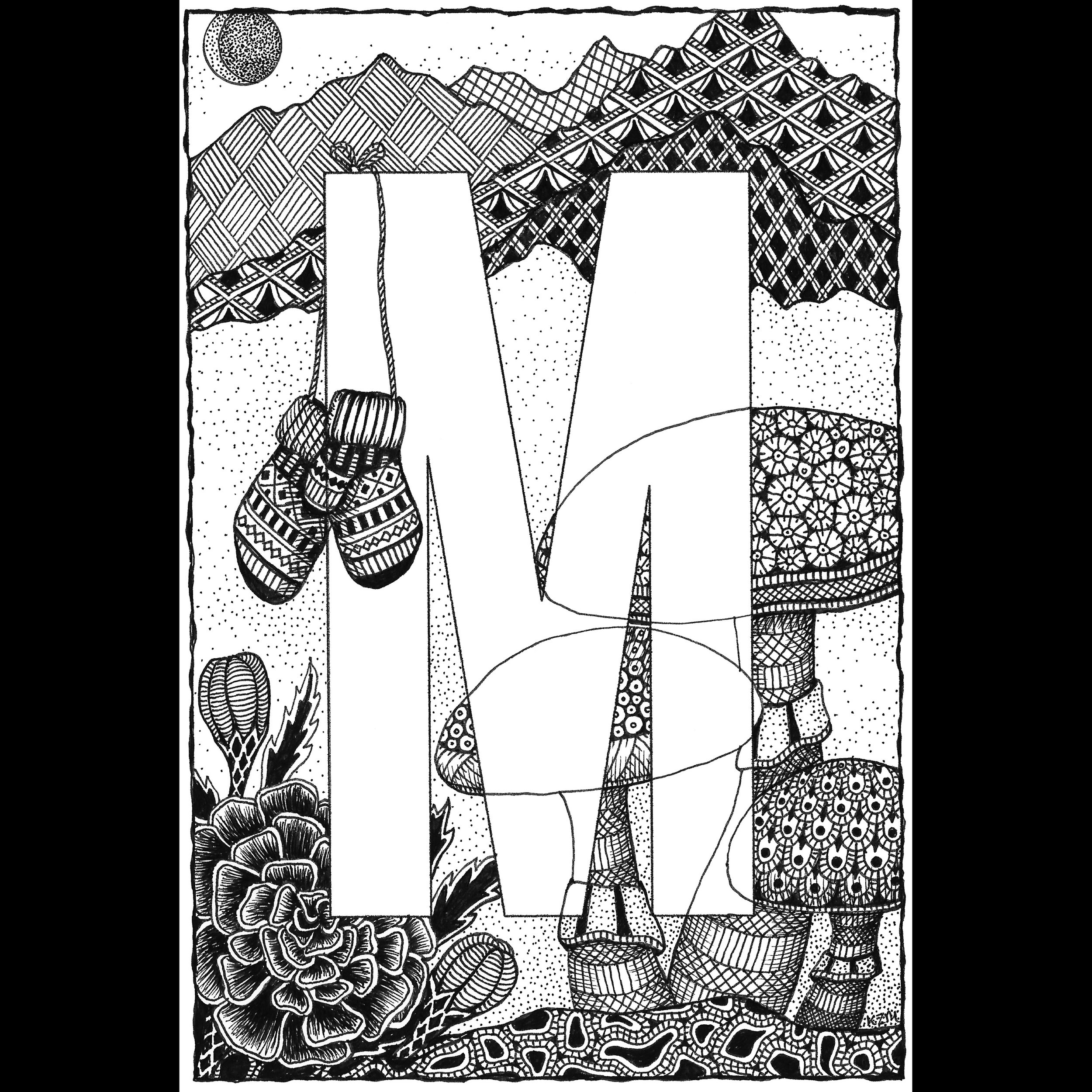 KRISTIN MOGER ART - Store- All work - alphabet letter m ink illustration