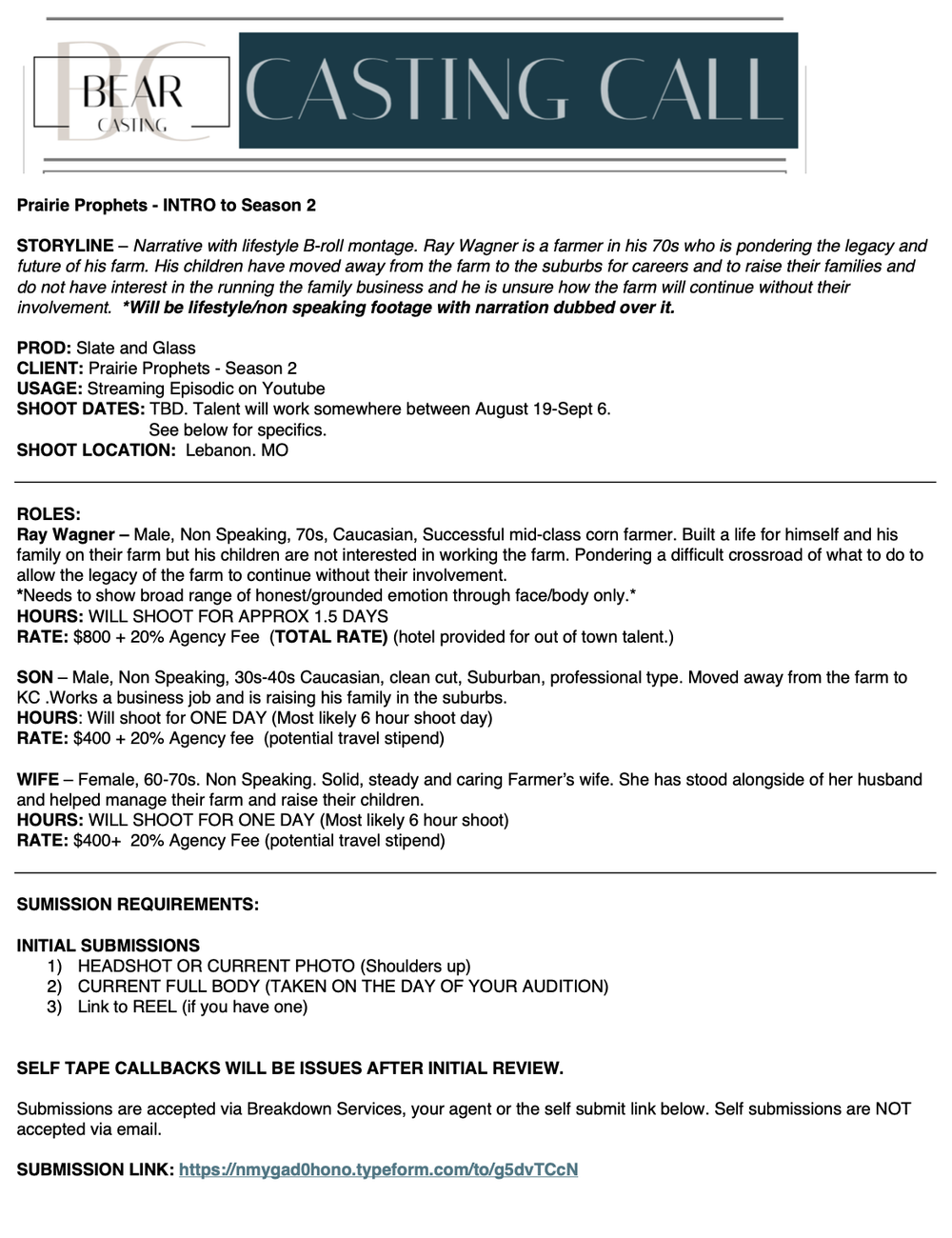 CASTING CALLS — BEAR CASTING