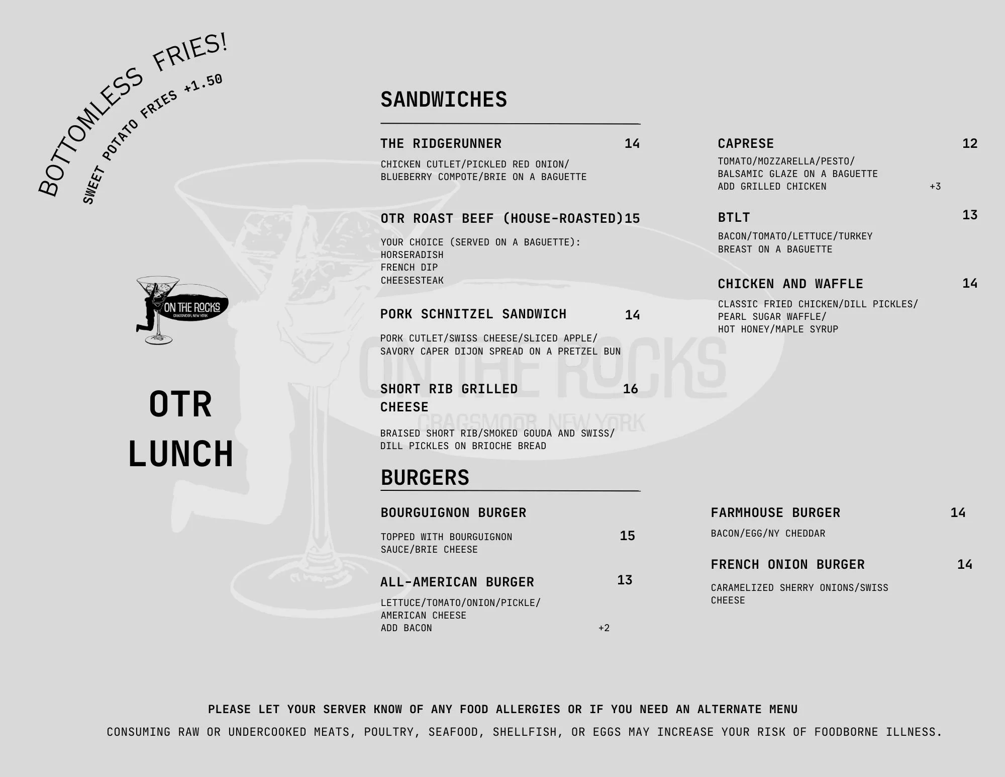 Burgers and sandwiches, breakfast, lunch, — On the Rocks
