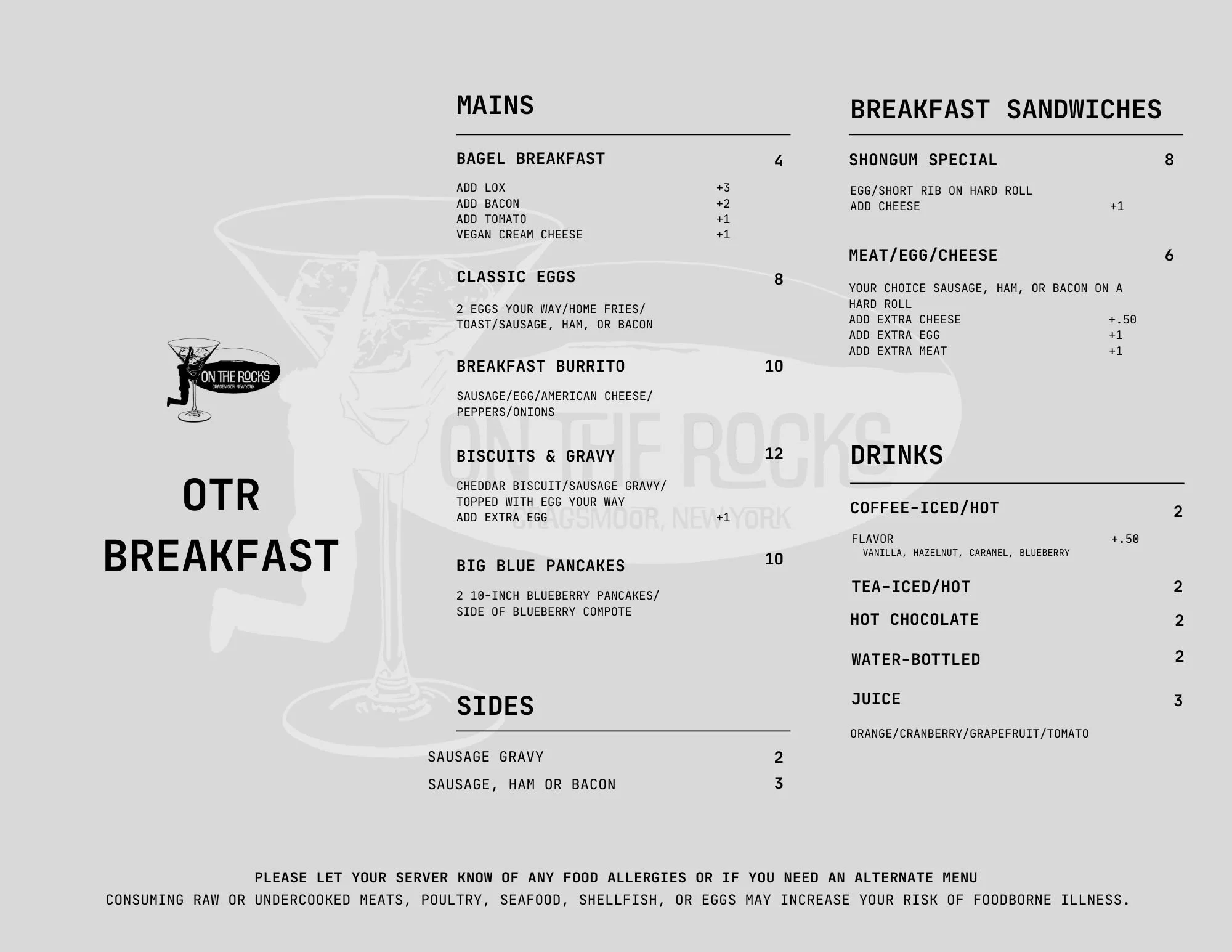 Burgers and sandwiches, breakfast, lunch, — On the Rocks