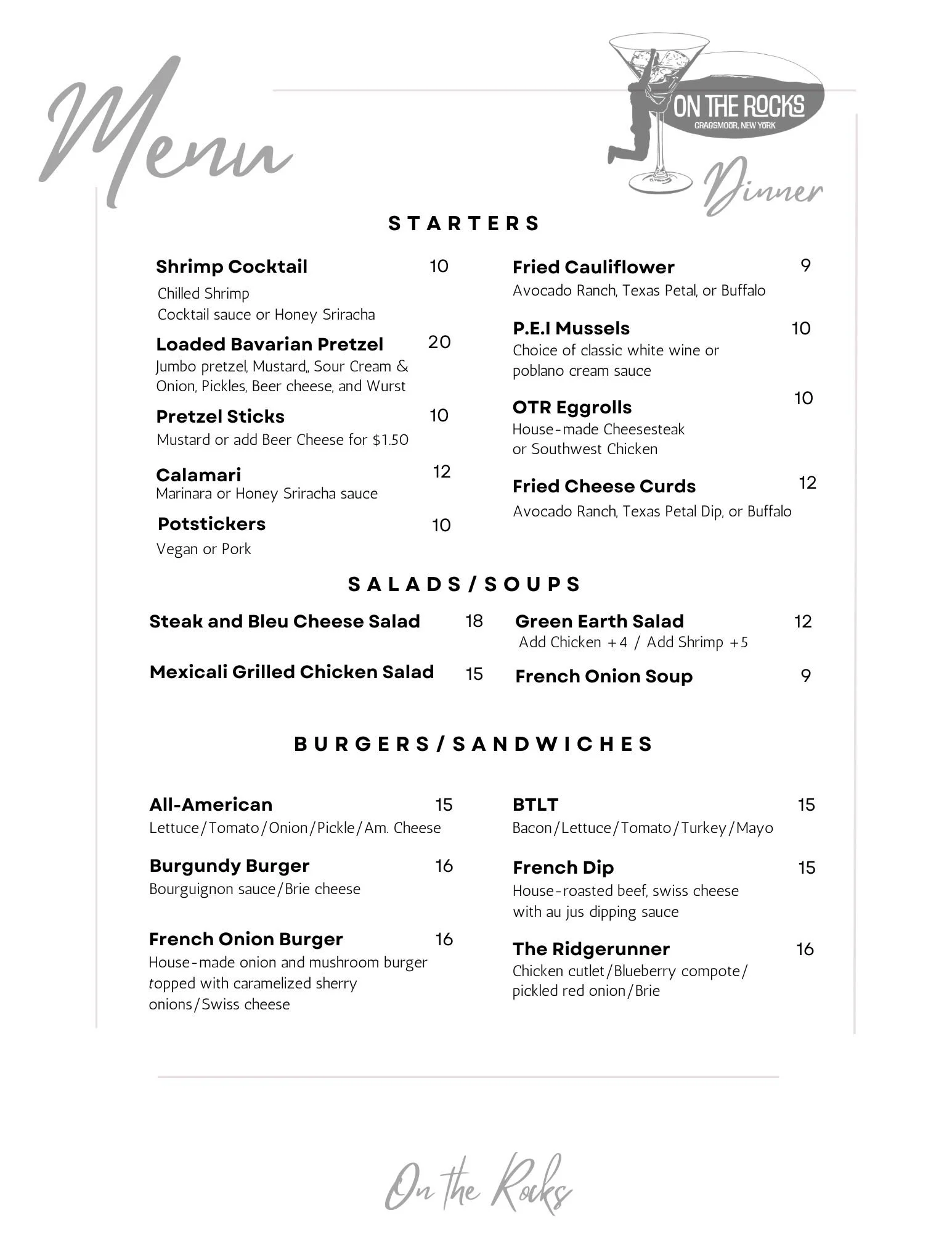 Burgers and sandwiches, breakfast, lunch, — On the Rocks