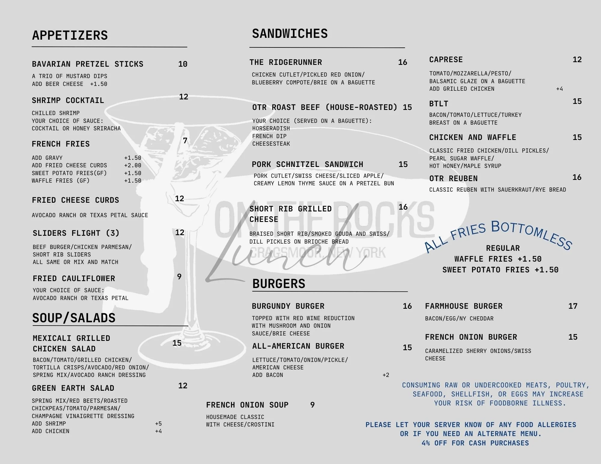 Burgers and sandwiches, breakfast, lunch, — On the Rocks