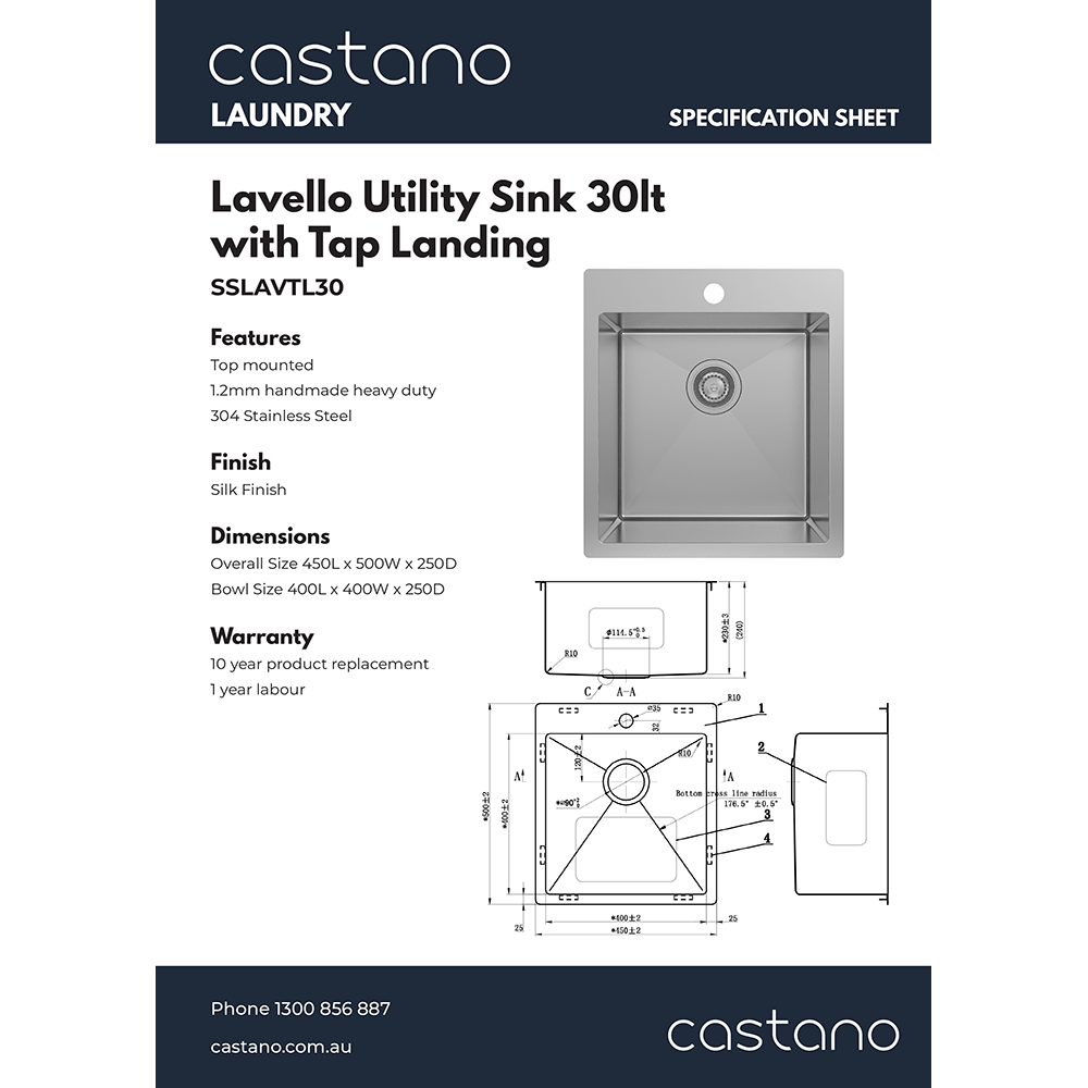 Lavello 35L Utility Sink With Tap Landing — castano