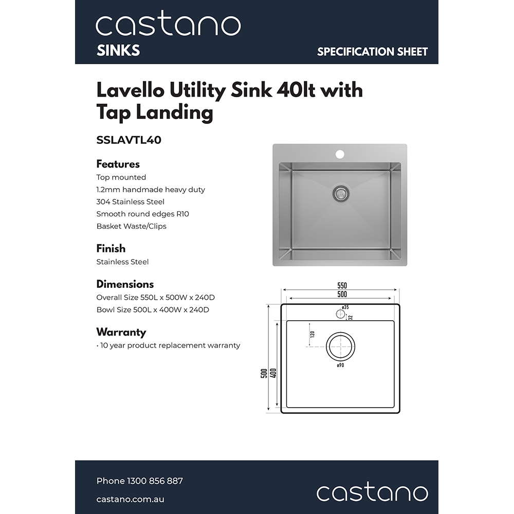 Lavello 45L Utility Sink With Tap Landing — castano