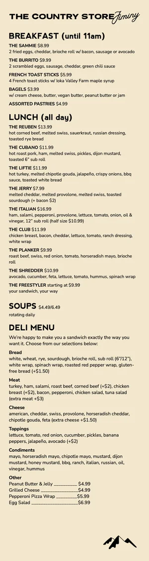 Menu — Country Store Jiminy