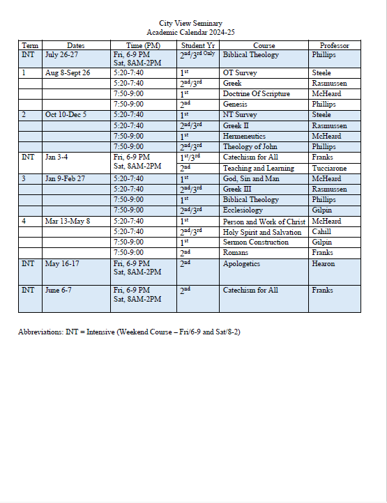 Academic Calendar — City View Seminary