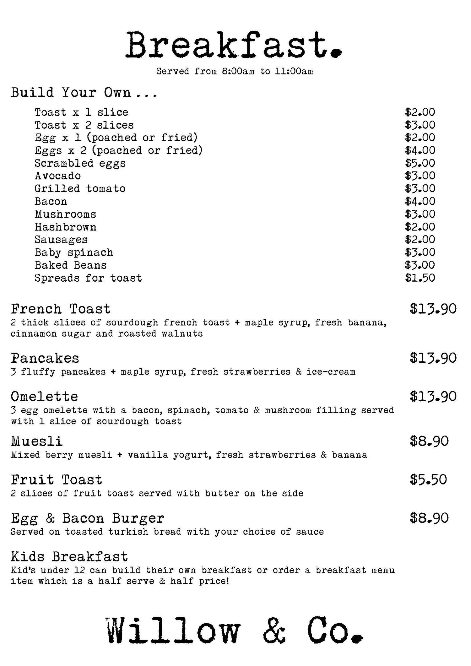 Menu — Willow & Co.