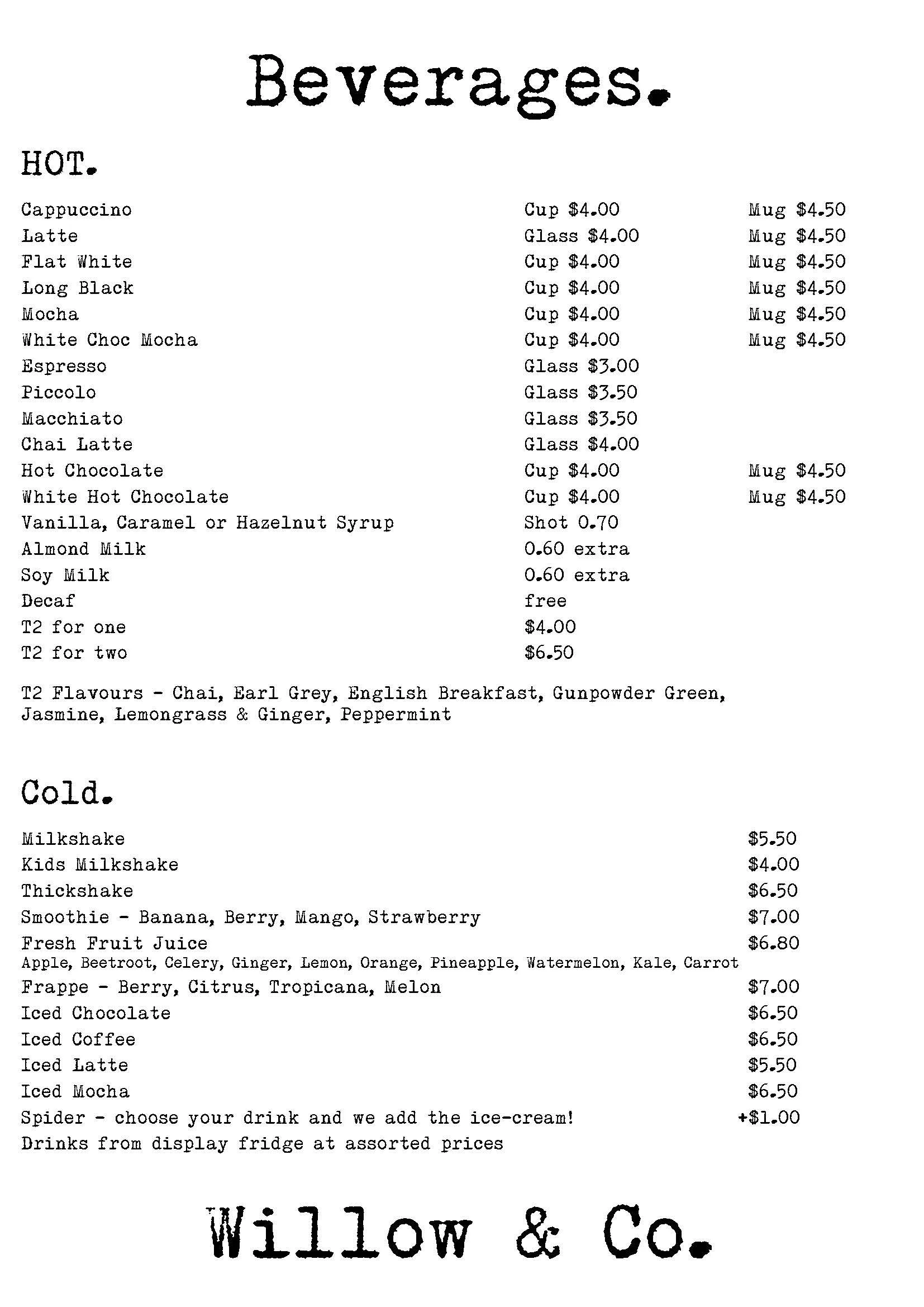 Menu — Willow & Co.