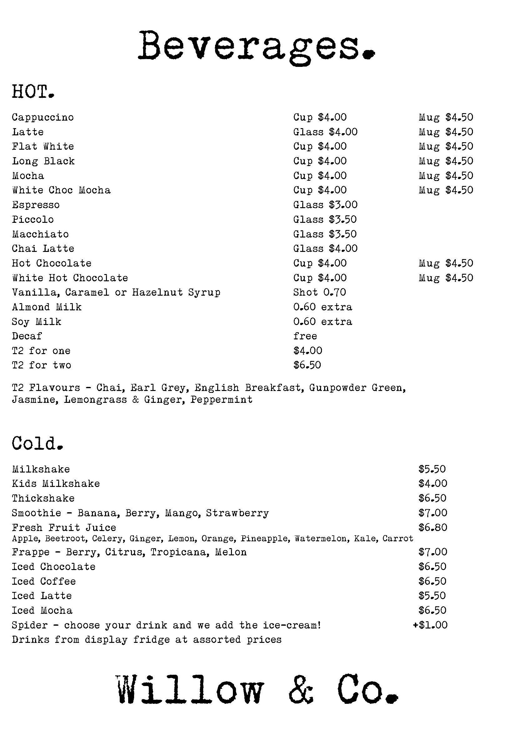 Menu — Willow & Co.